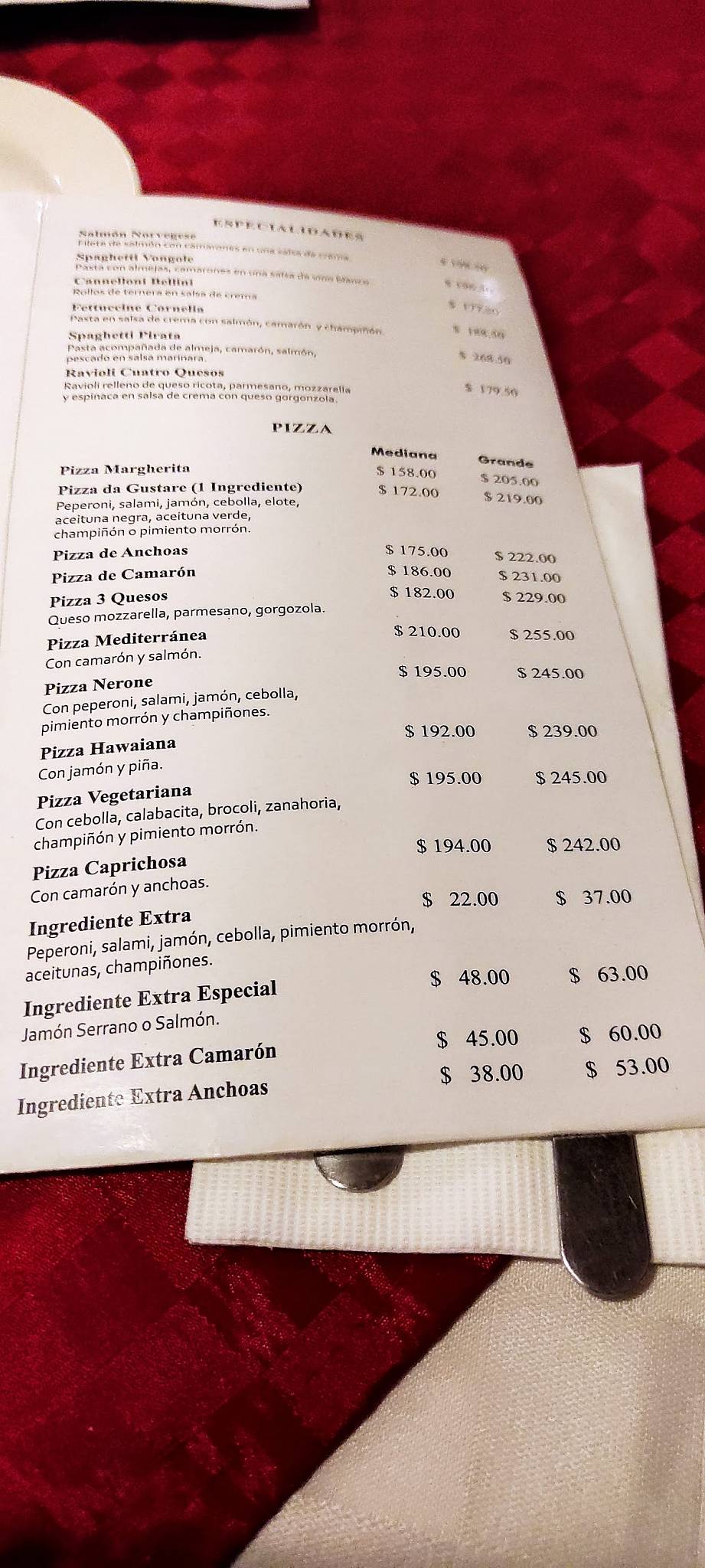 Carta del restaurante Piccolo Nerone, Zapopan, Av Guadalupe 1368