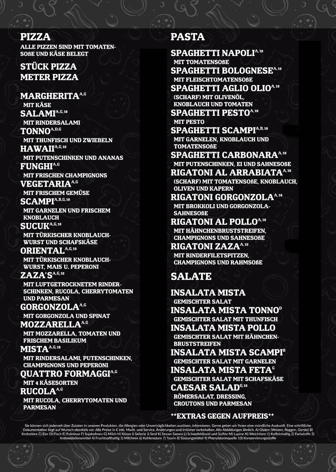 Speisekarte von Zaza's Pizza, Berlin