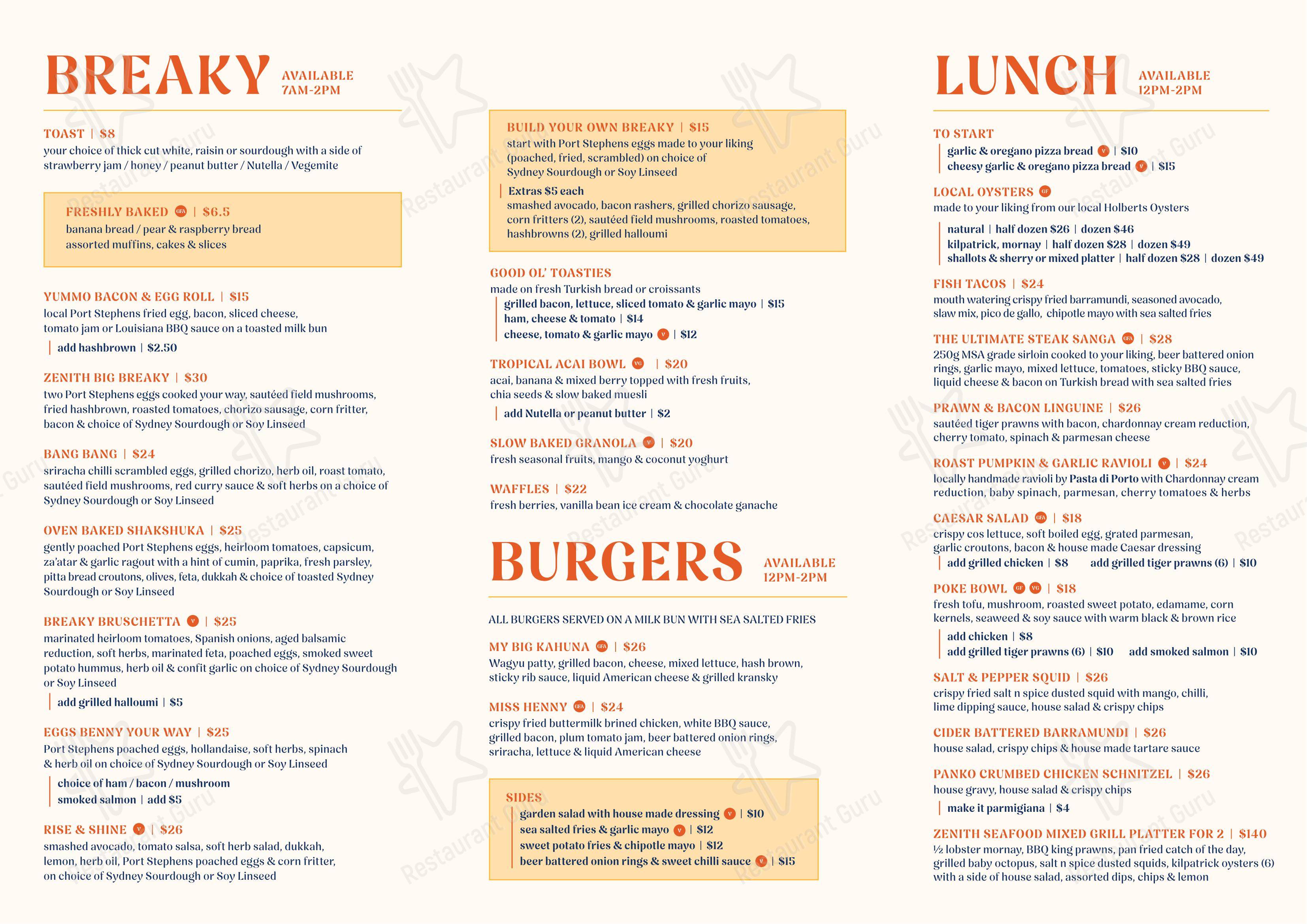 Menu at Zenith Cafe, Restaurant and Bar, Shoal Bay