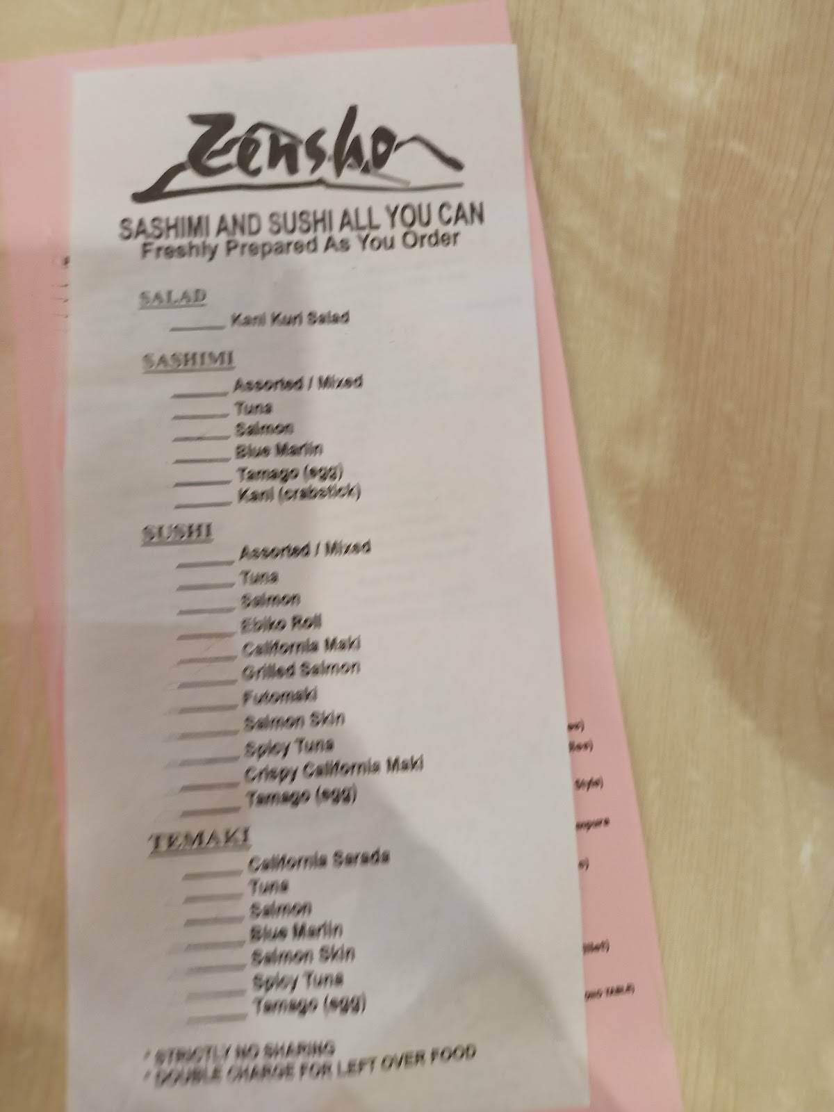 Menu at Zensho restaurant, Quezon City, Dallas Square