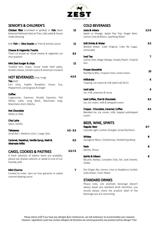 Menu at Zest Licensed Cafe, Ballan