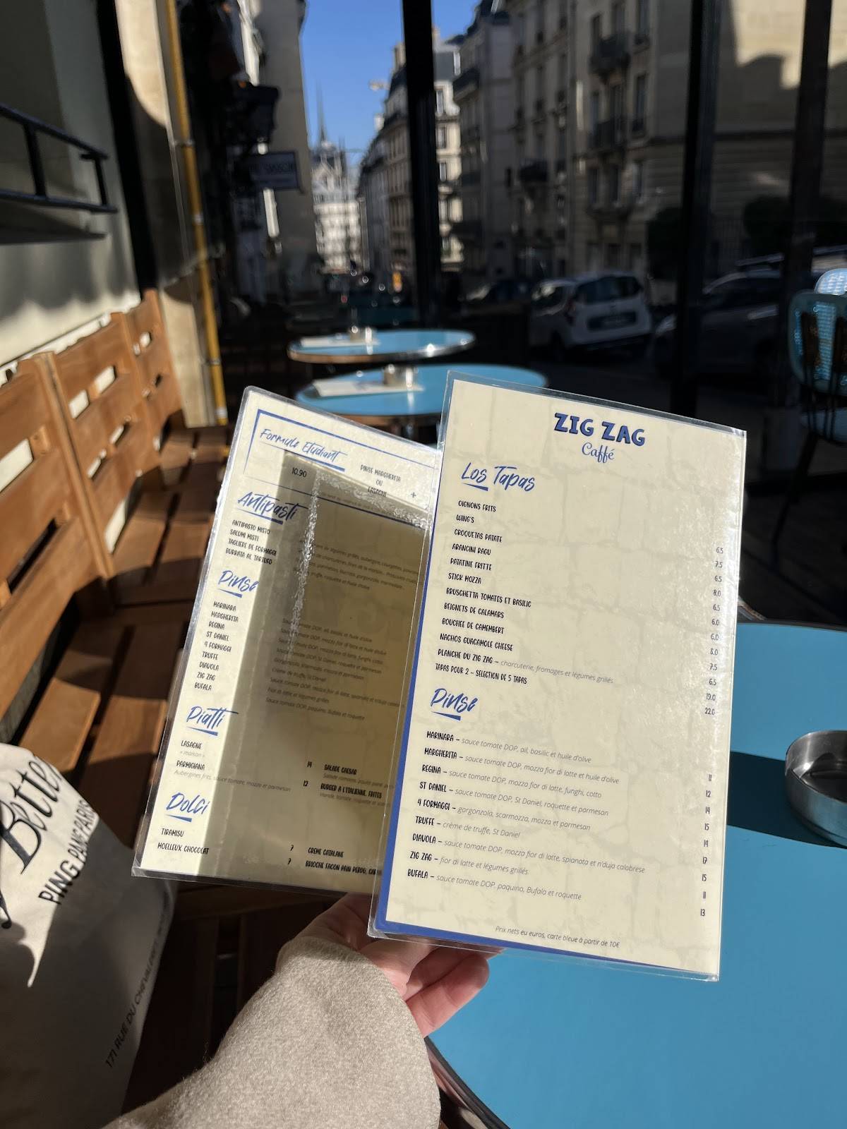 Menu au Zig Zag Caffé pub et bar, Paris, 32 Rue des Carmes