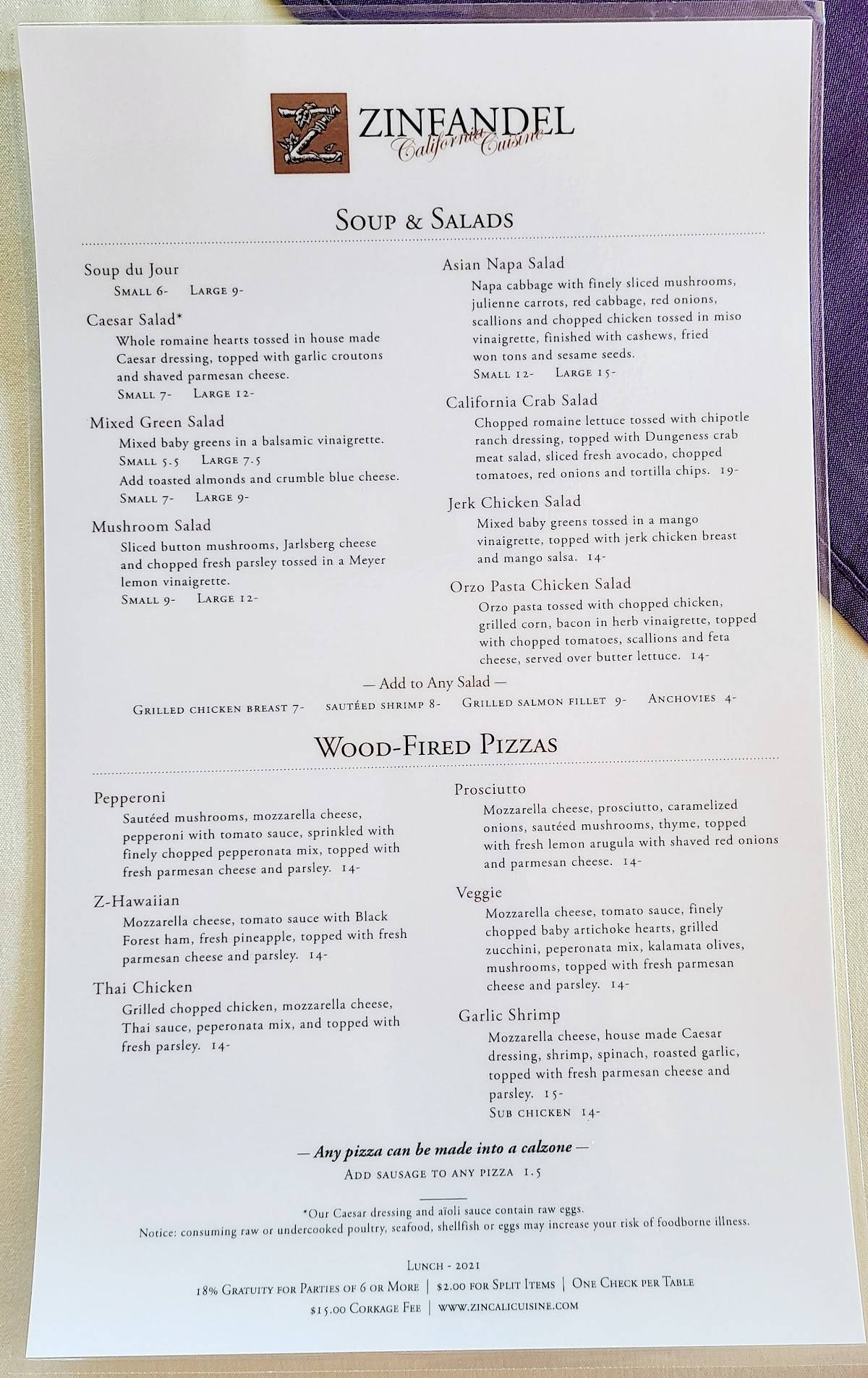 Menu at Zinfandel California Cuisine pizzeria, Gold River