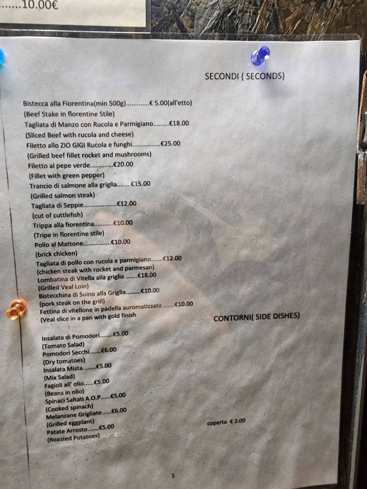 Menu at Zio Gigi restaurant, Florence