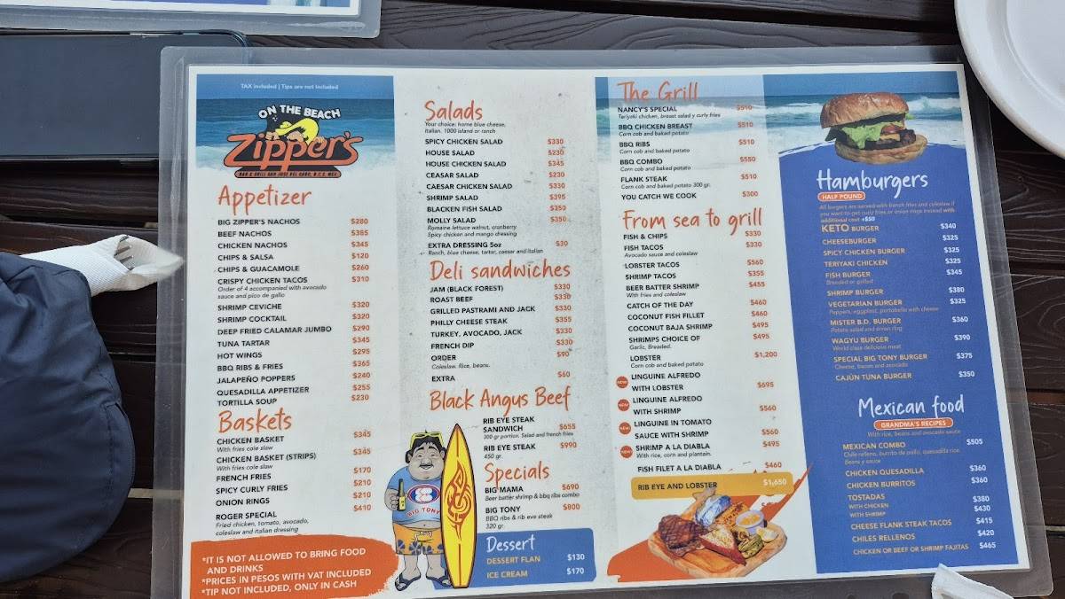 Menu at Zipper's Bar and Grill, San José del Cabo, Carr ...