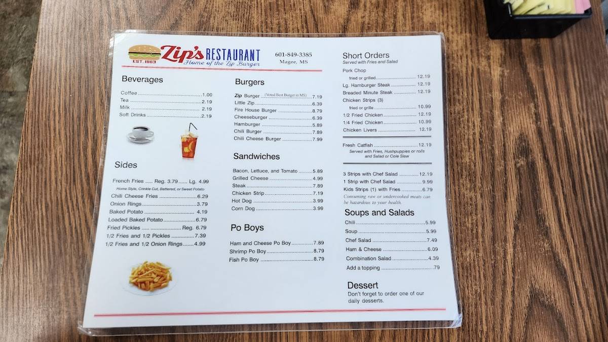 Menu at Zip's Cafe, Magee