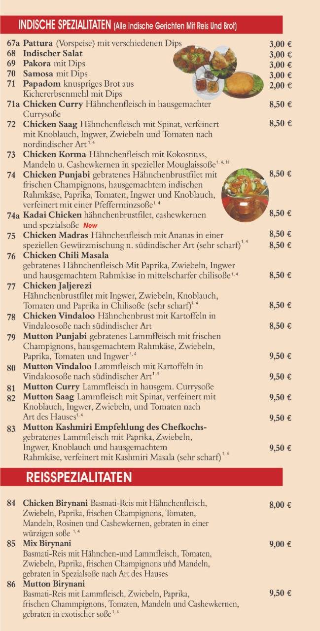 Speisekarte Von Taj Mahal Indische Spezialitäten Restaurant Zittau