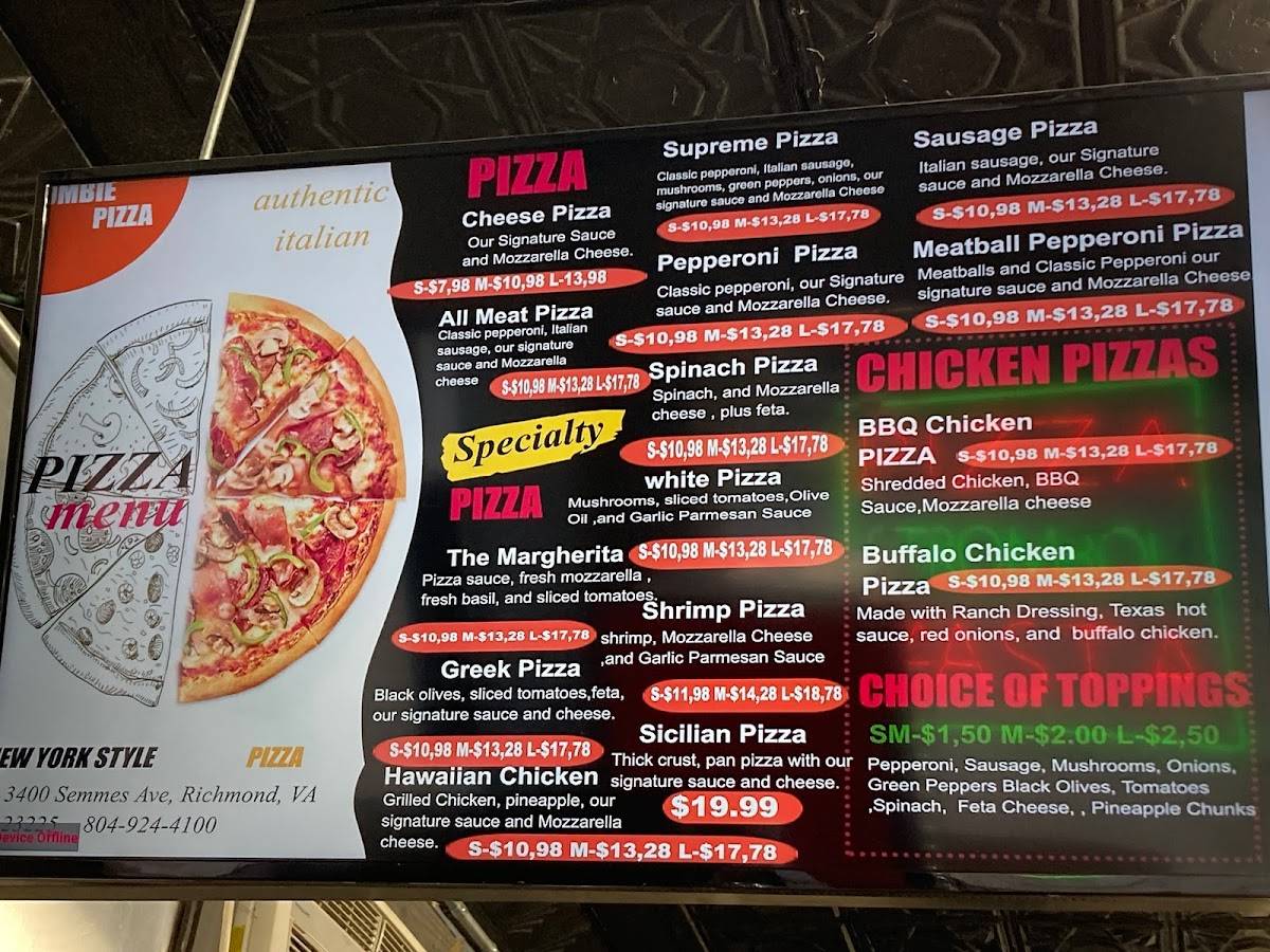 Menu at Zombie Pizza pizzeria, Richmond