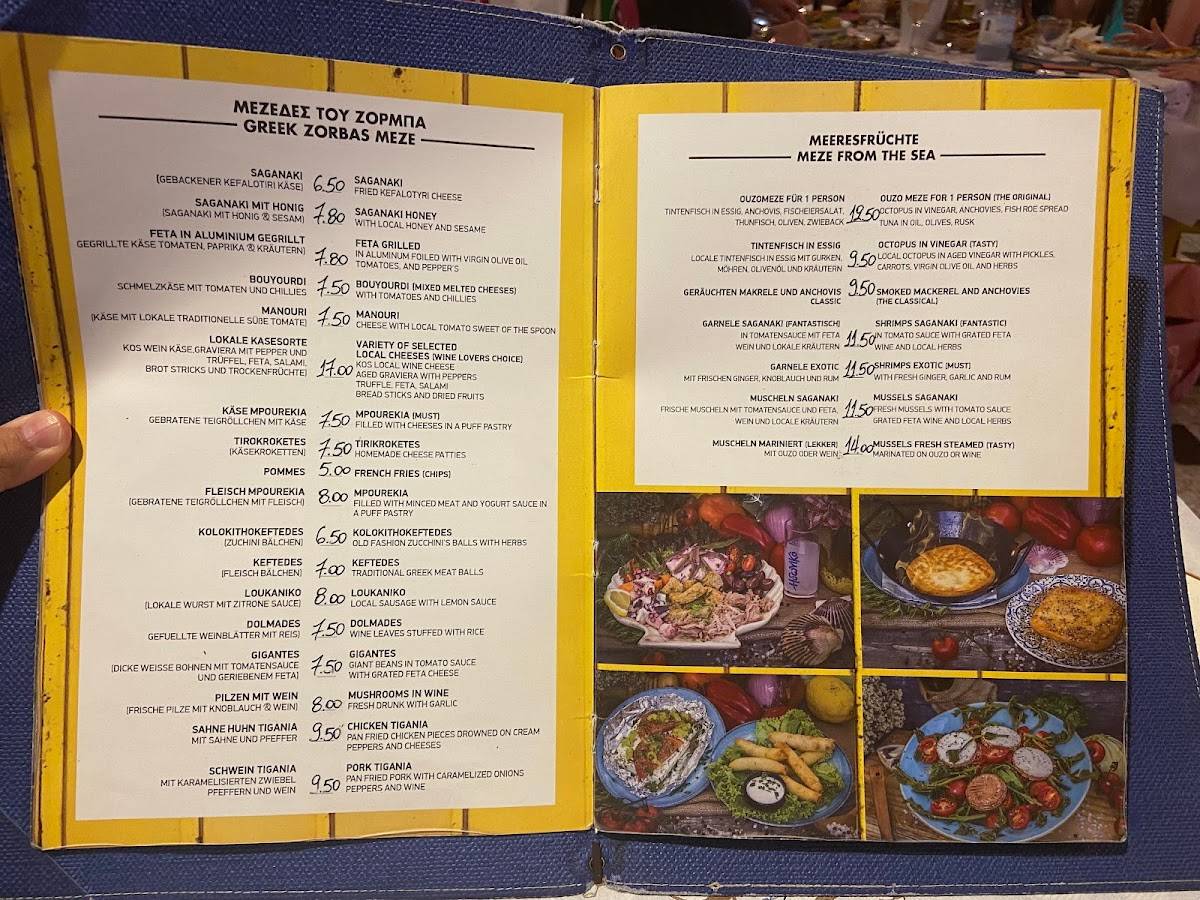 Menu at Zorbas Eat Greek, Kos
