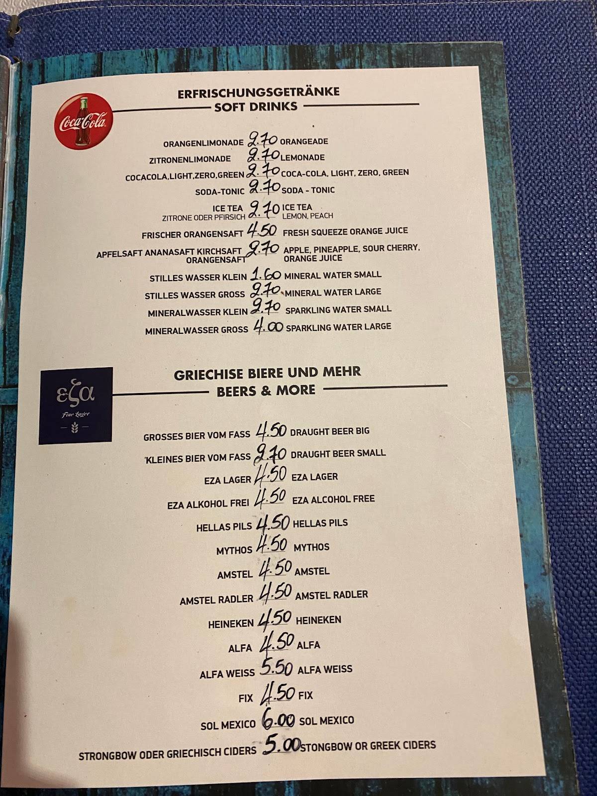 Menu at Zorbas Eat Greek, Kos