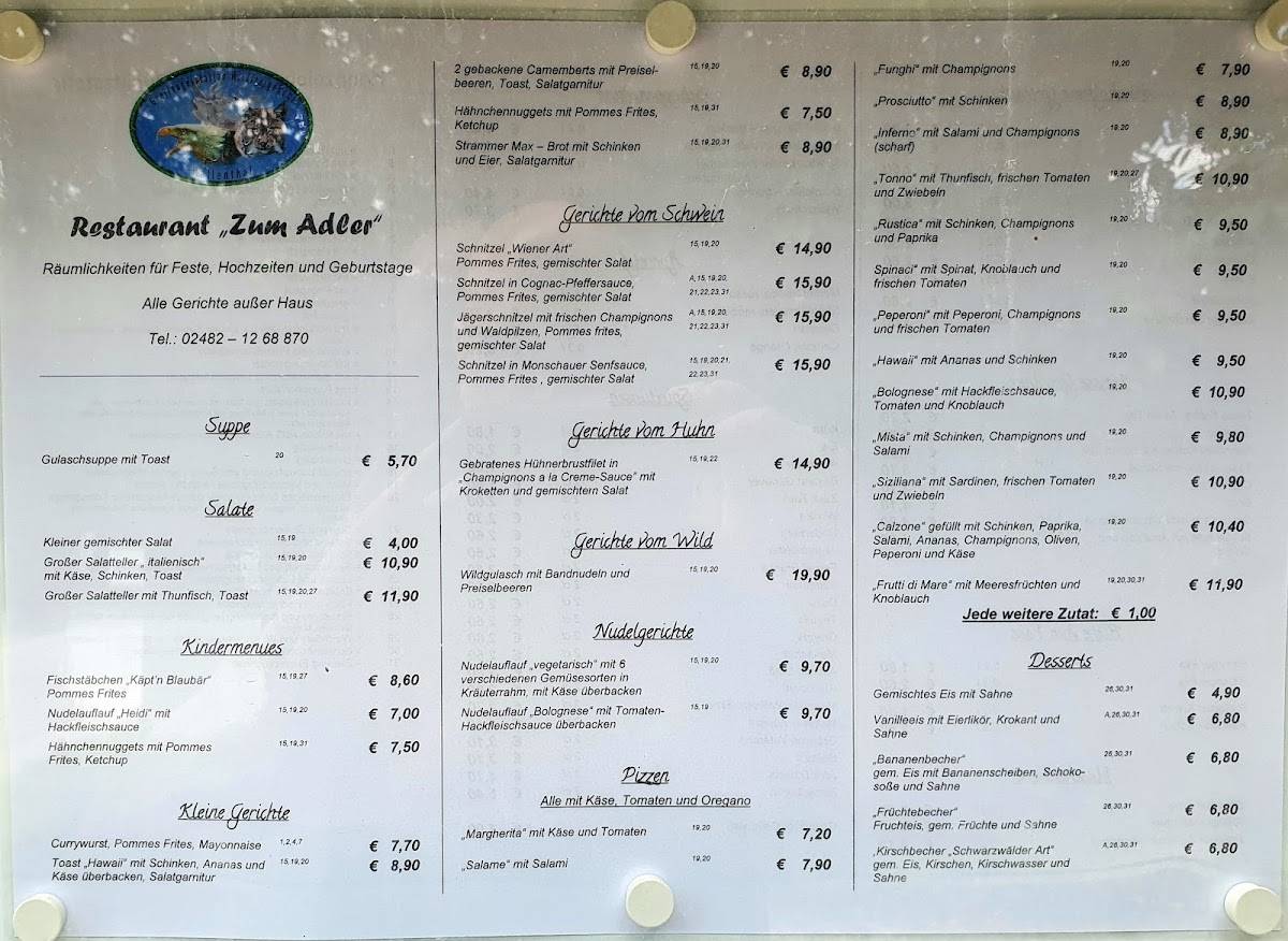 Speisekarte von Restaurant „Zum Adler“, Hellenthal