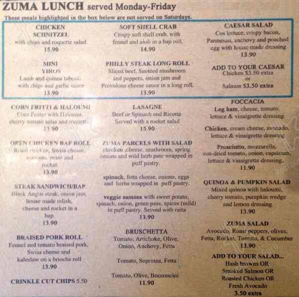 Menu at Zuma Caffe restaurant, Adelaide