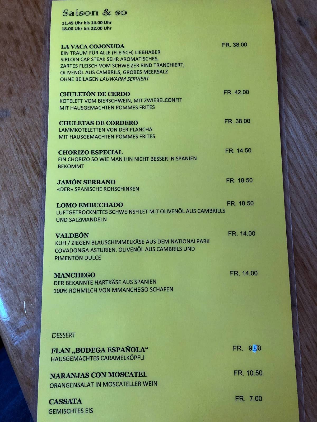 Speisekarte von Bodega Española, Zürich
