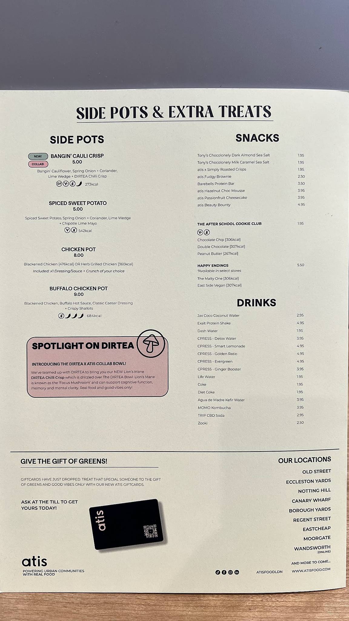 Menu at atis Old Street restaurant, London