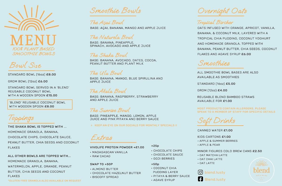 Menu at blend lusty cafe, Newquay