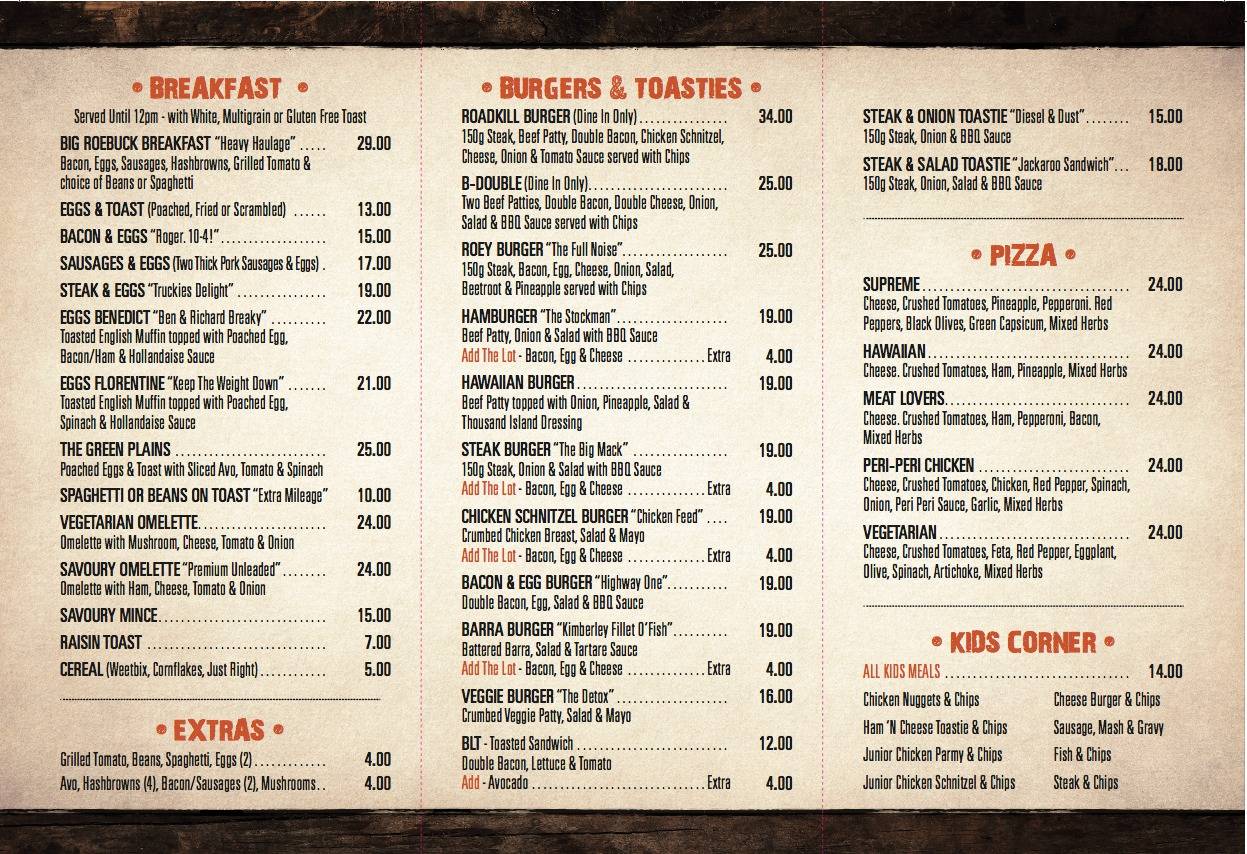 Menu at Roebuck Plains Roadhouse restaurant, Australia