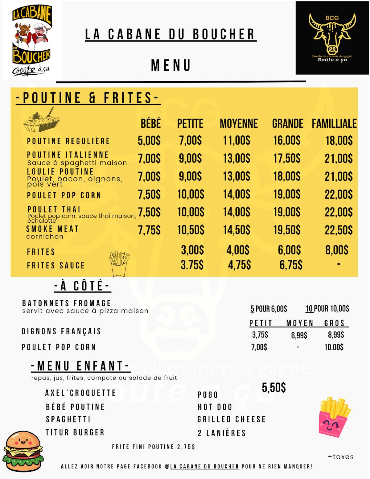 Menu au cabane du boucher restaurant, Saint-Antoine-Lotbinière
