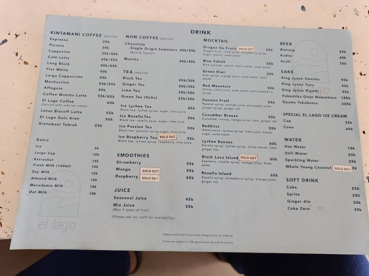 Menu at el lago restaurant, Central Batur
