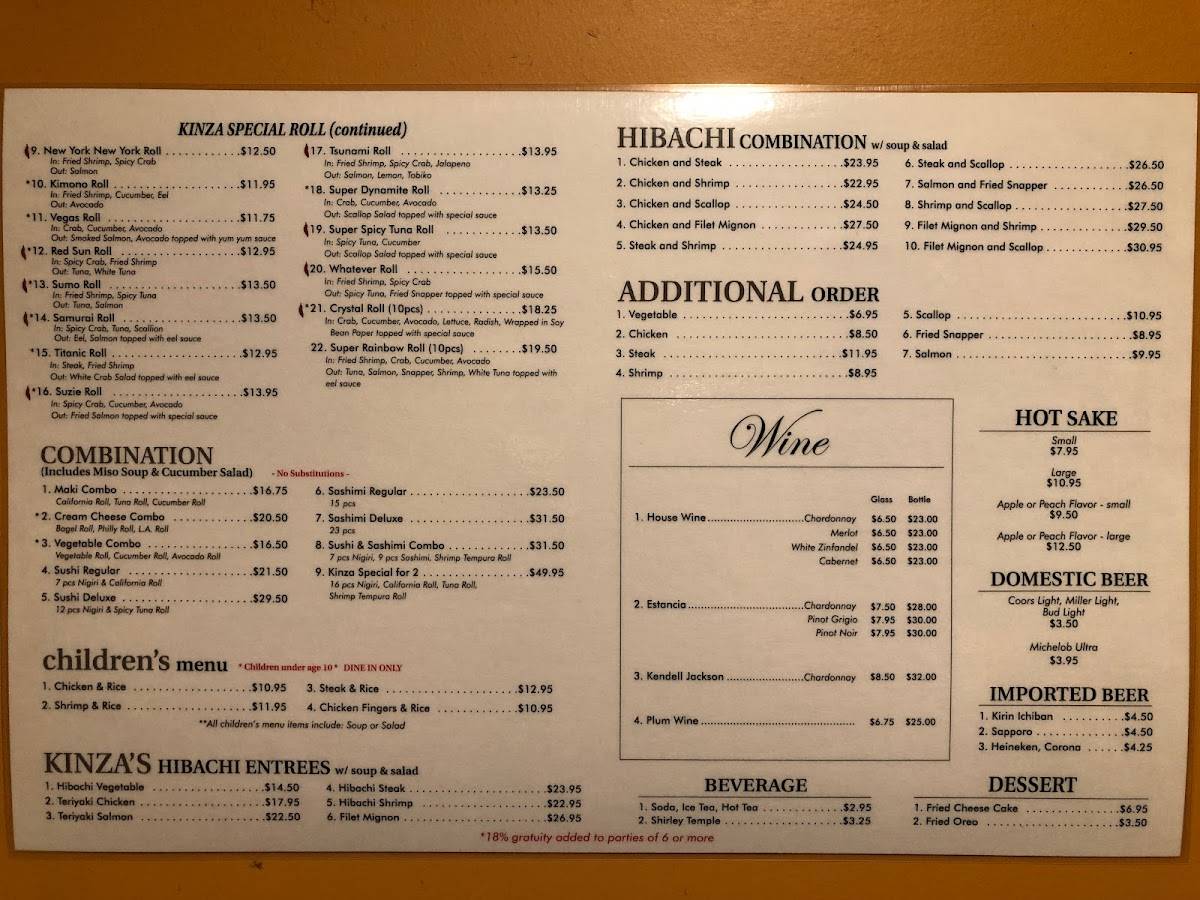 Menu at kinza restaurant, Dothan