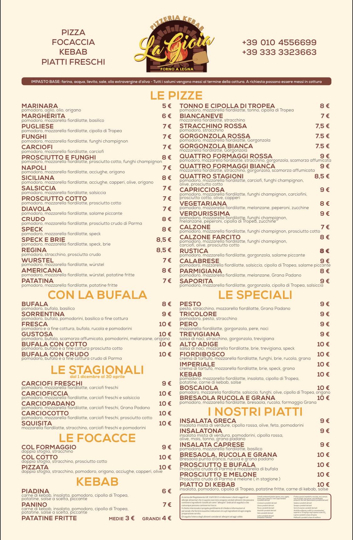 Menu at La Gioia restaurant, Sremska Mitrovica