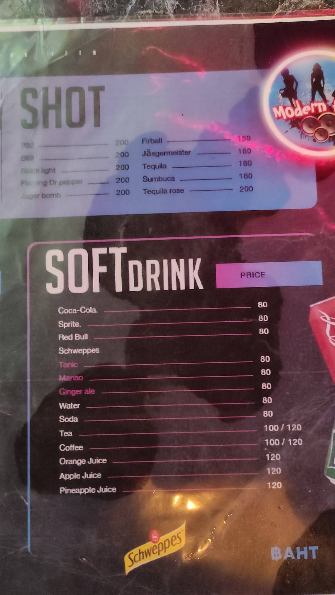 Menu at modern teen bar, Bangkok