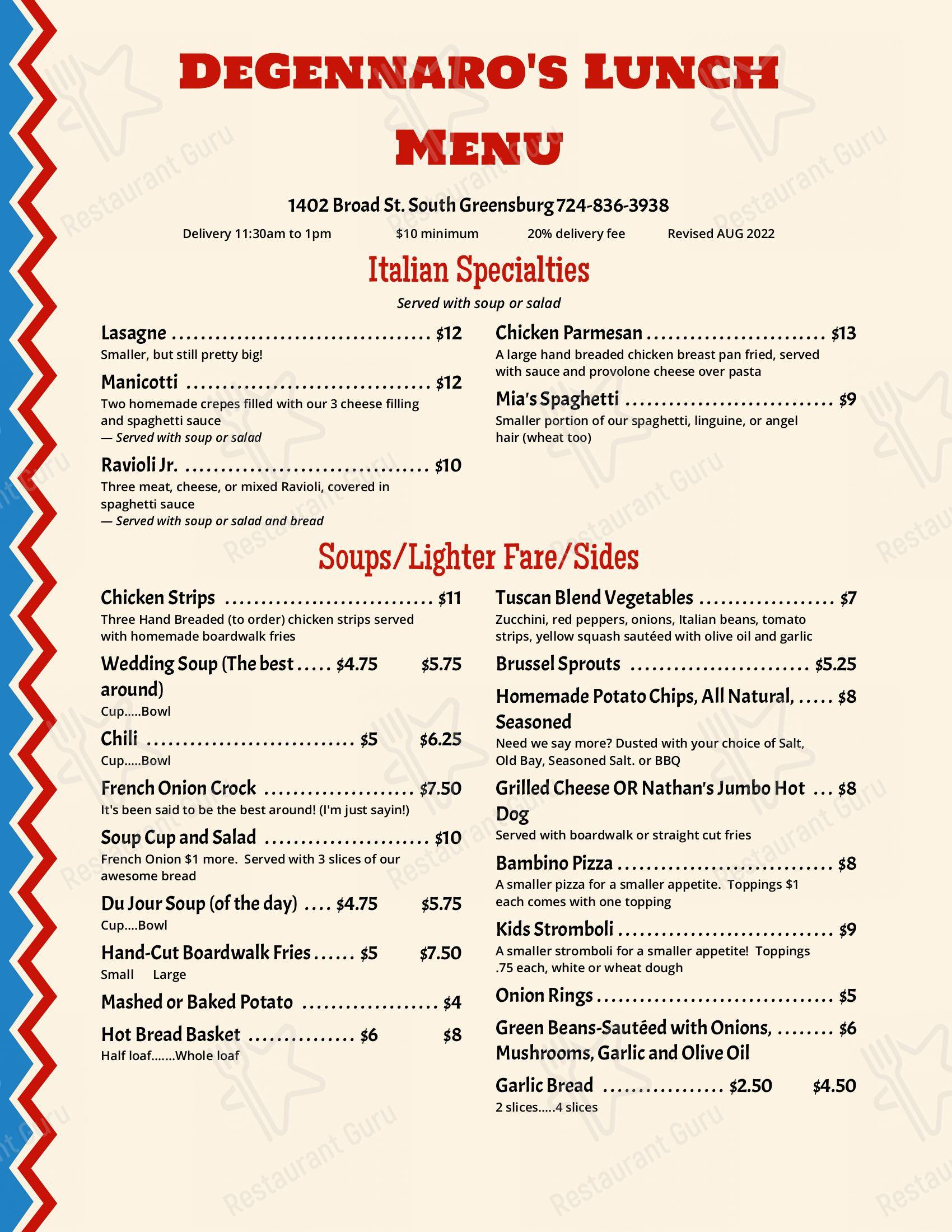 Menu at DeGennaro's Restaurant & Lounge, Greensburg