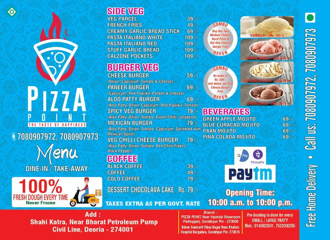 Menu at pizza point, Deoria