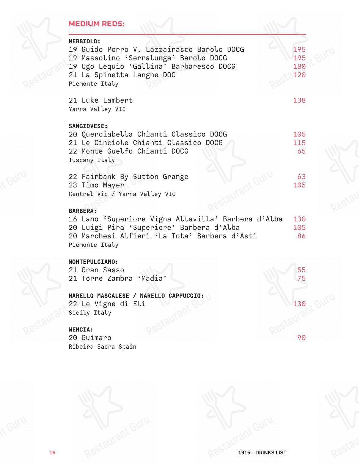 Menu at 1915 restaurant, North Geelong