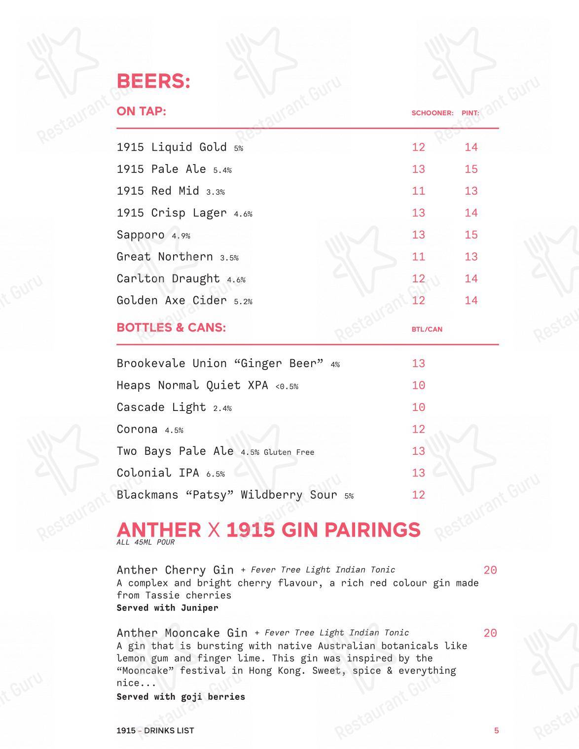 Menu at 1915 restaurant, North Geelong