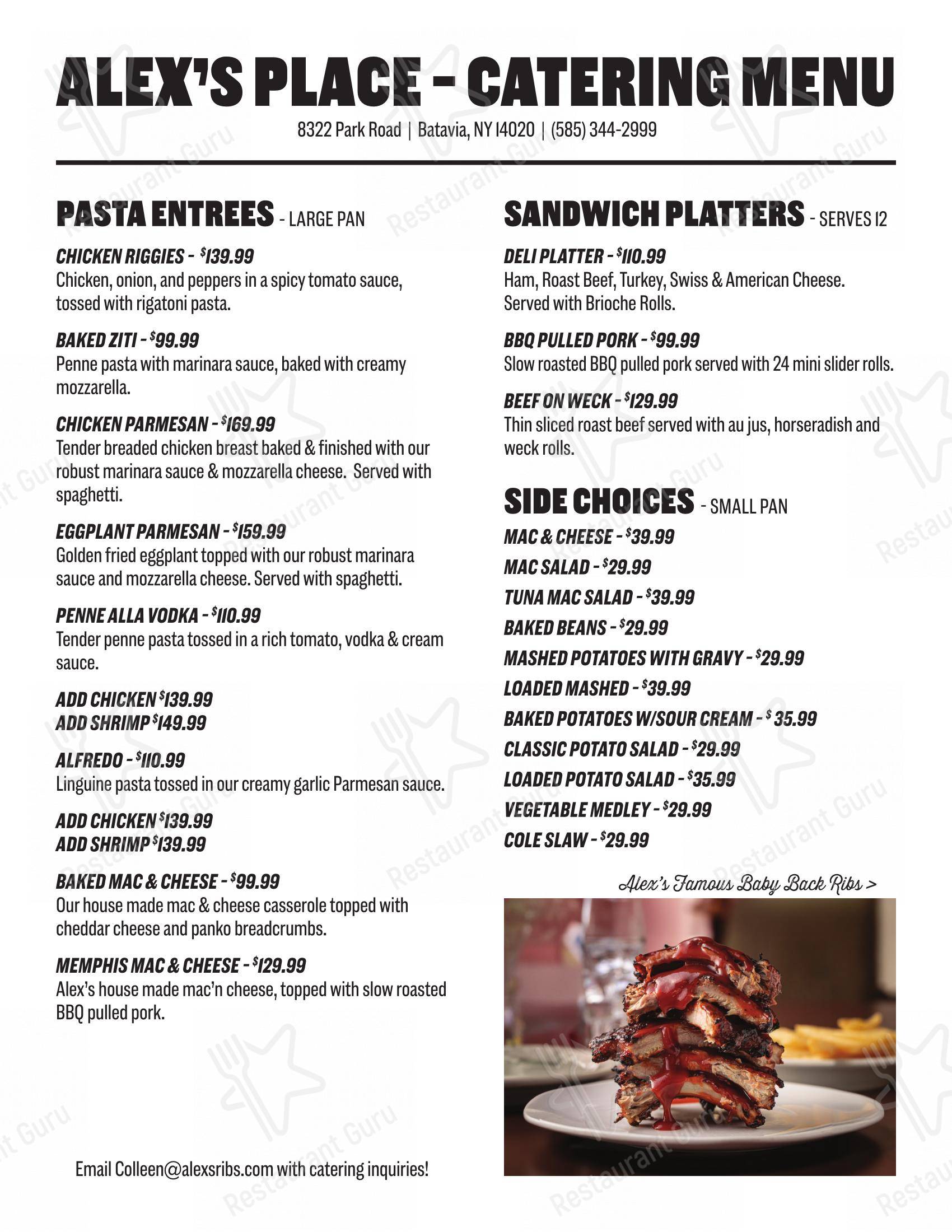 Menu at Alex's Place steakhouse, Batavia