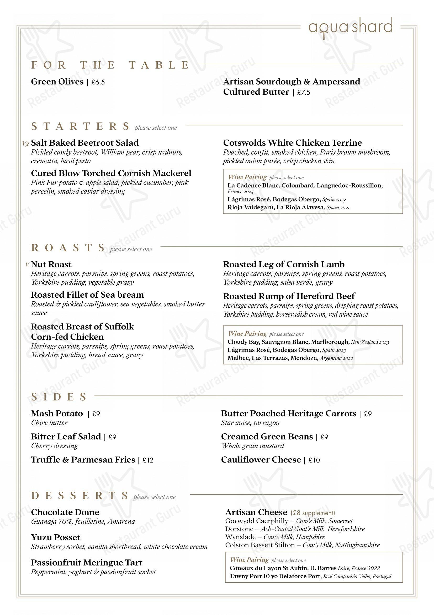 Menu at Aqua Shard pub & bar, London, Level 31