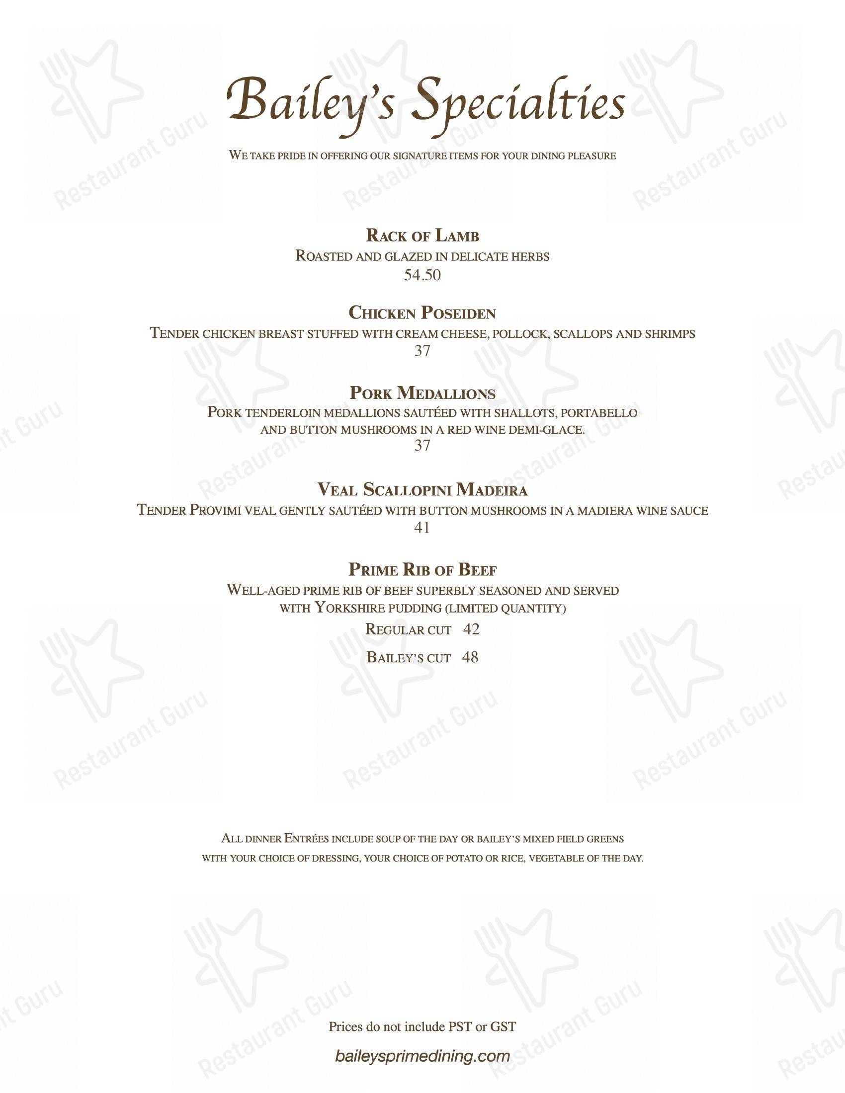 Menu at Bailey's Restaurant, Winnipeg, 185 Lombard Ave