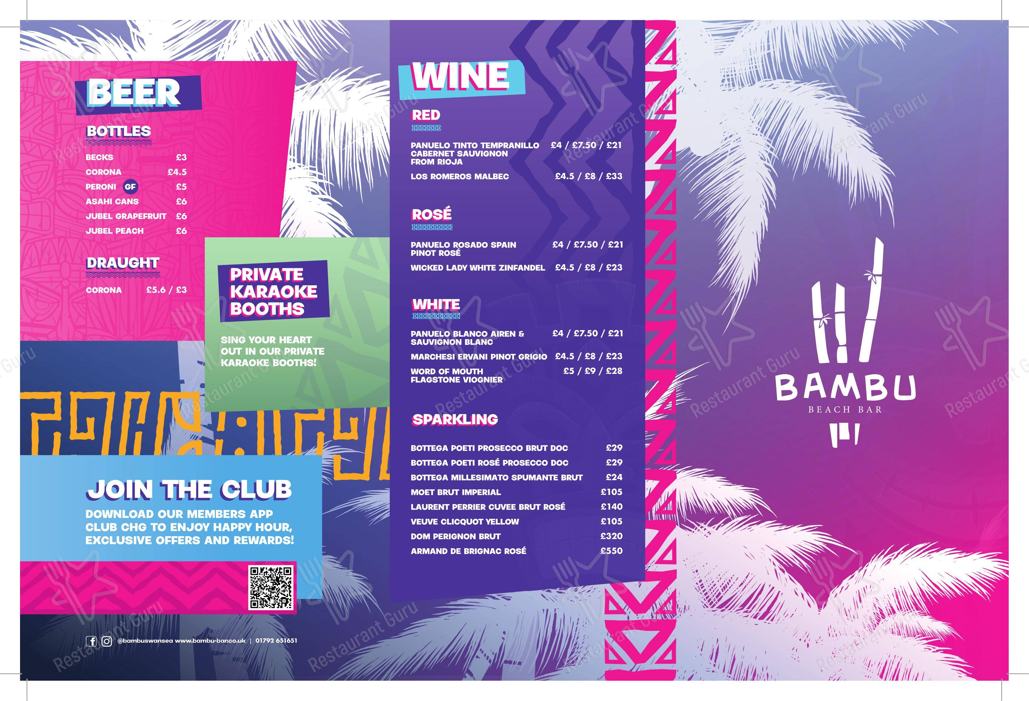 Menu at Bambu Beach Bar, Swansea
