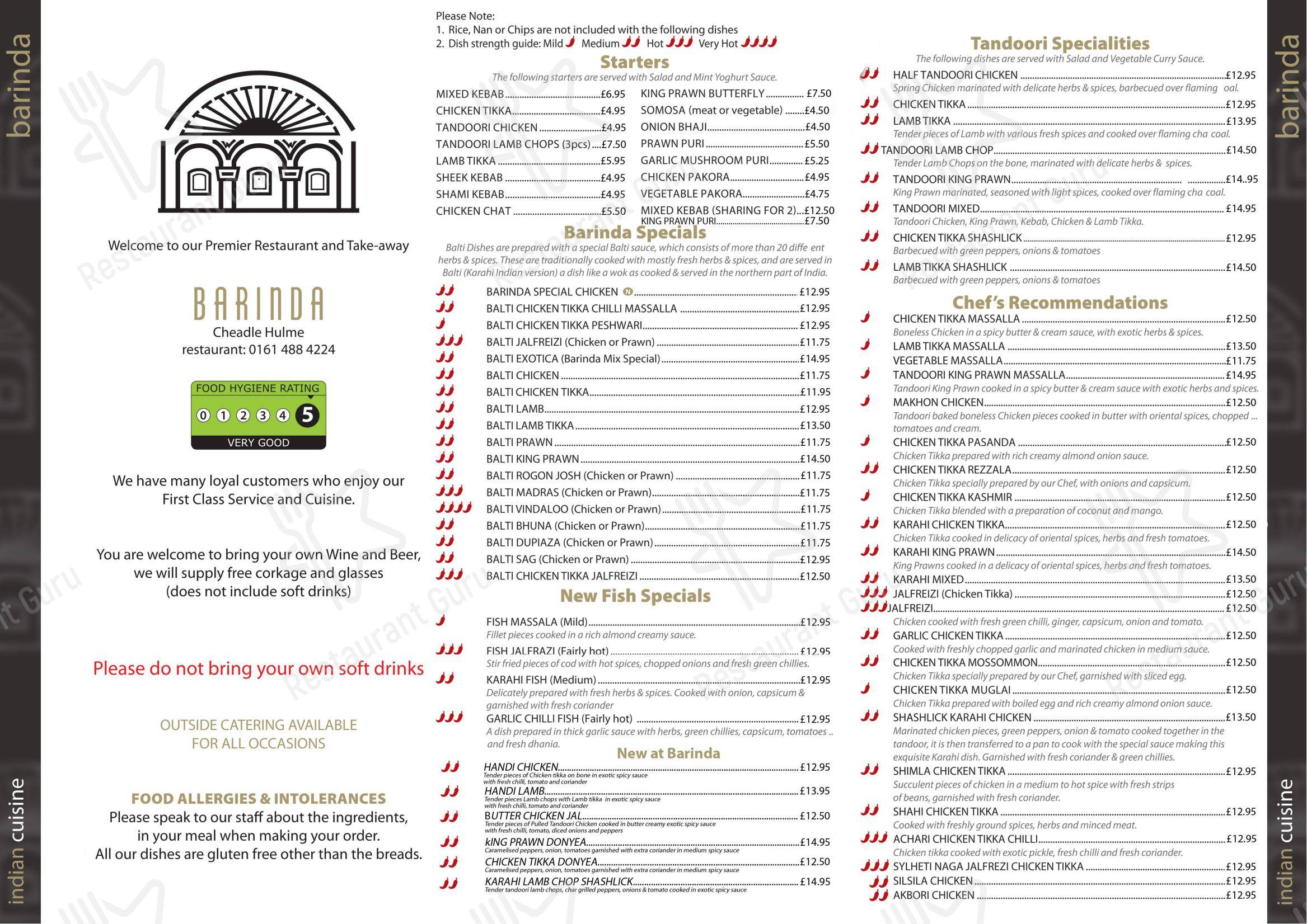 Menu at Barinda, Wilmslow