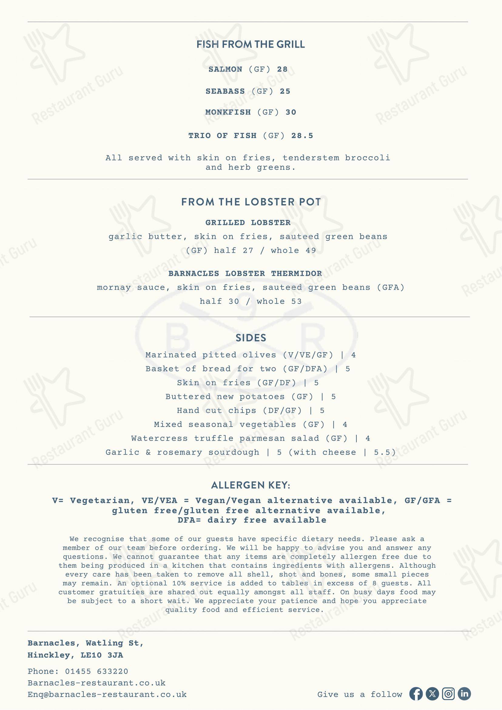Menu at Barnacles Restaurant & Bar Bistro, Hinckley