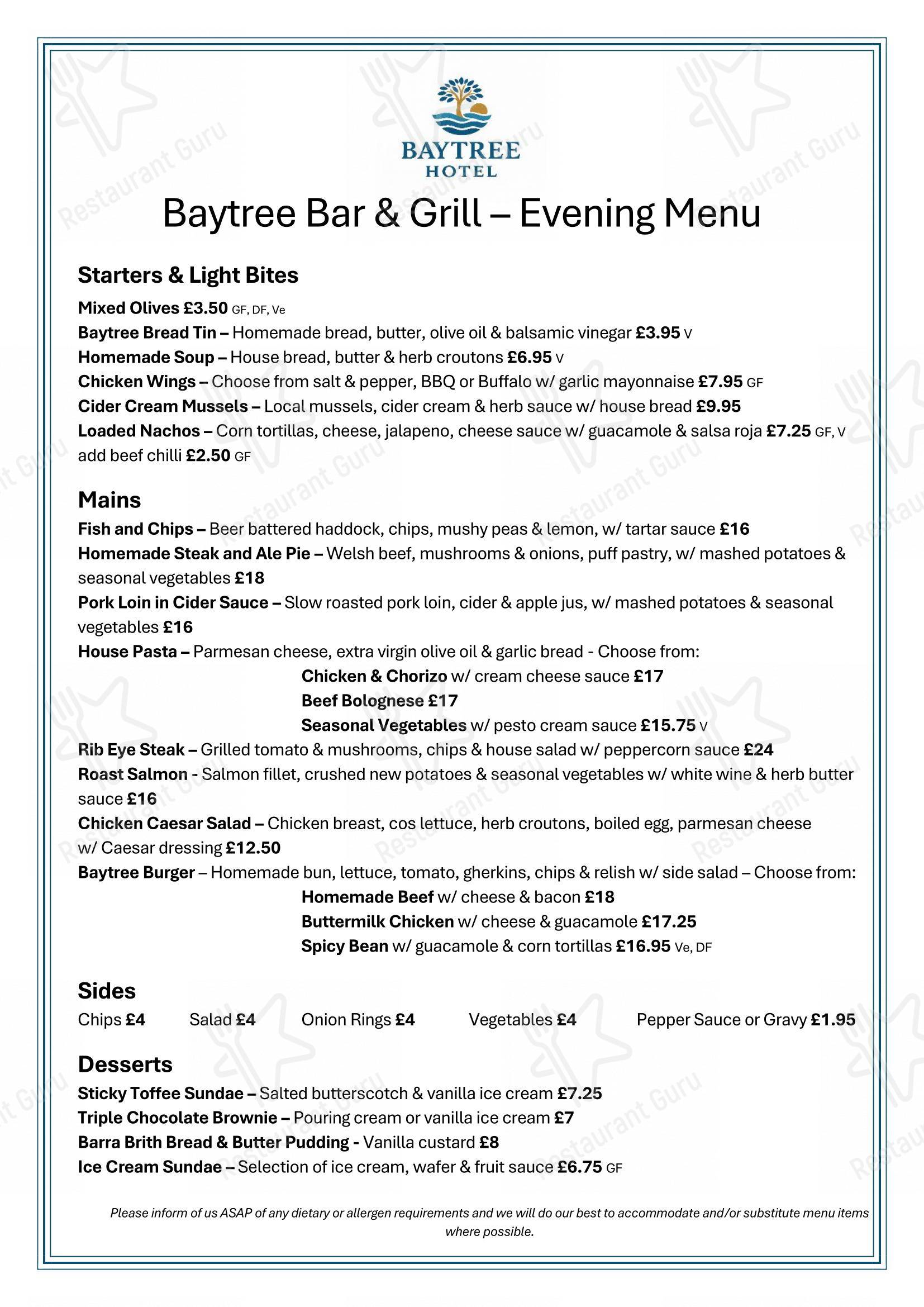 Menu at Baytree Hotel Sea View Bar & Grill, Llandudno