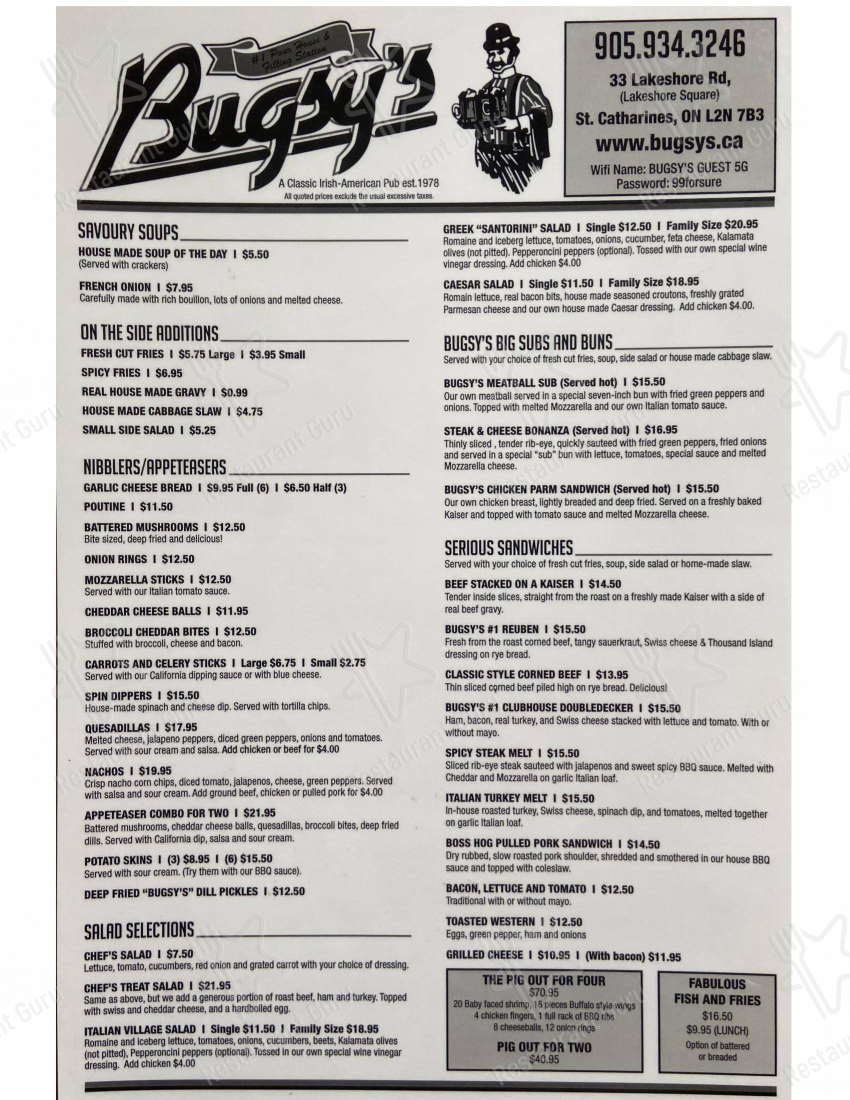 Menu at Bugsy's pub & bar, St. Catharines