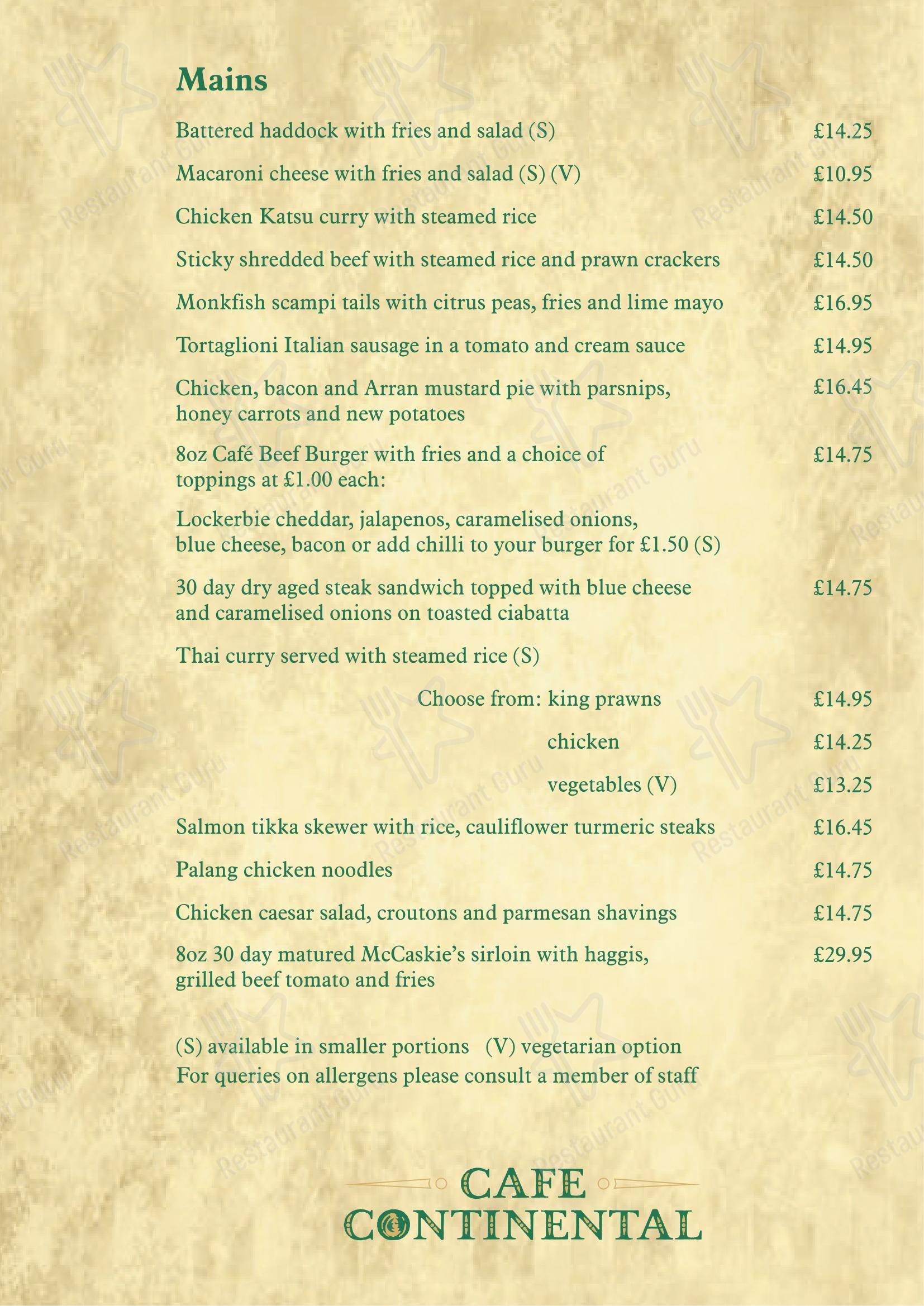 Menu at Cafe Continental, Gourock, 40 Kempock St