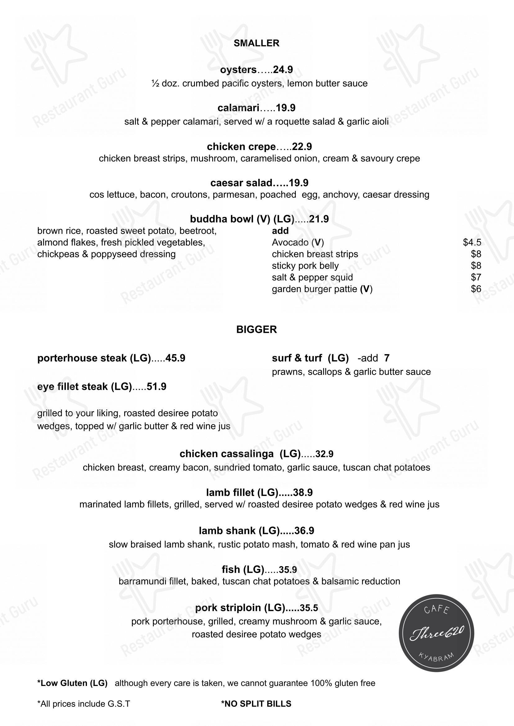 Menu at Cafe Three620, Kyabram