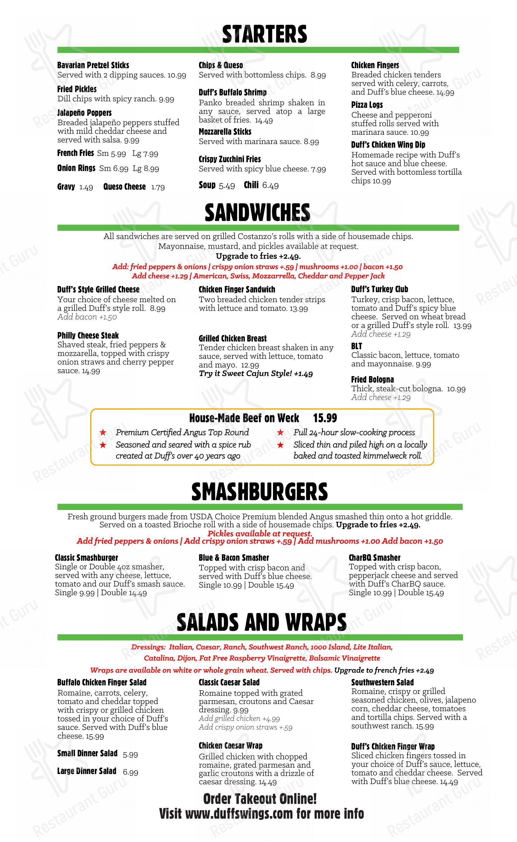 Menu at Duff's Famous Wings restaurant, Amherst, Sheridan Dr