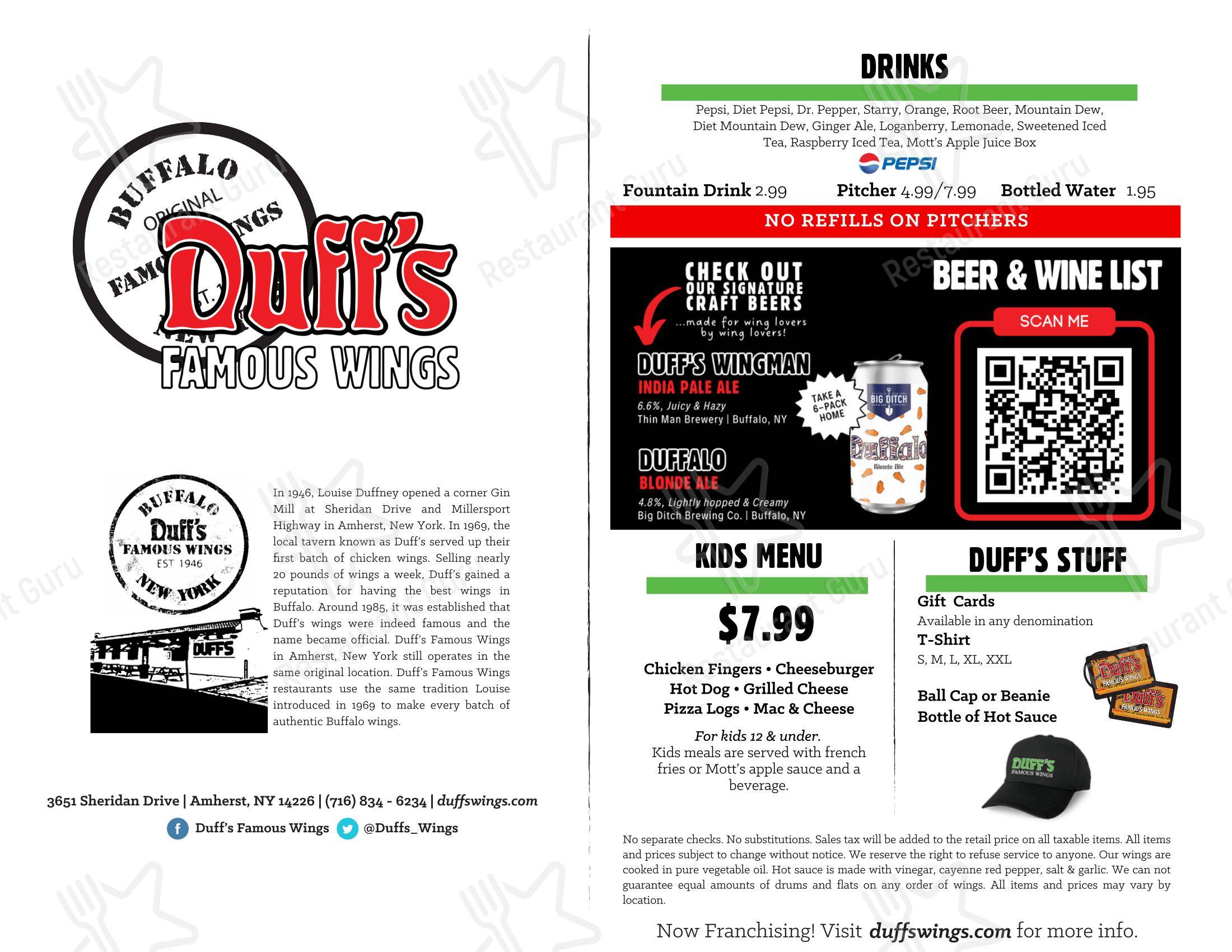 Menu at Duff's Famous Wings pub & bar, Amherst, Sheridan Dr
