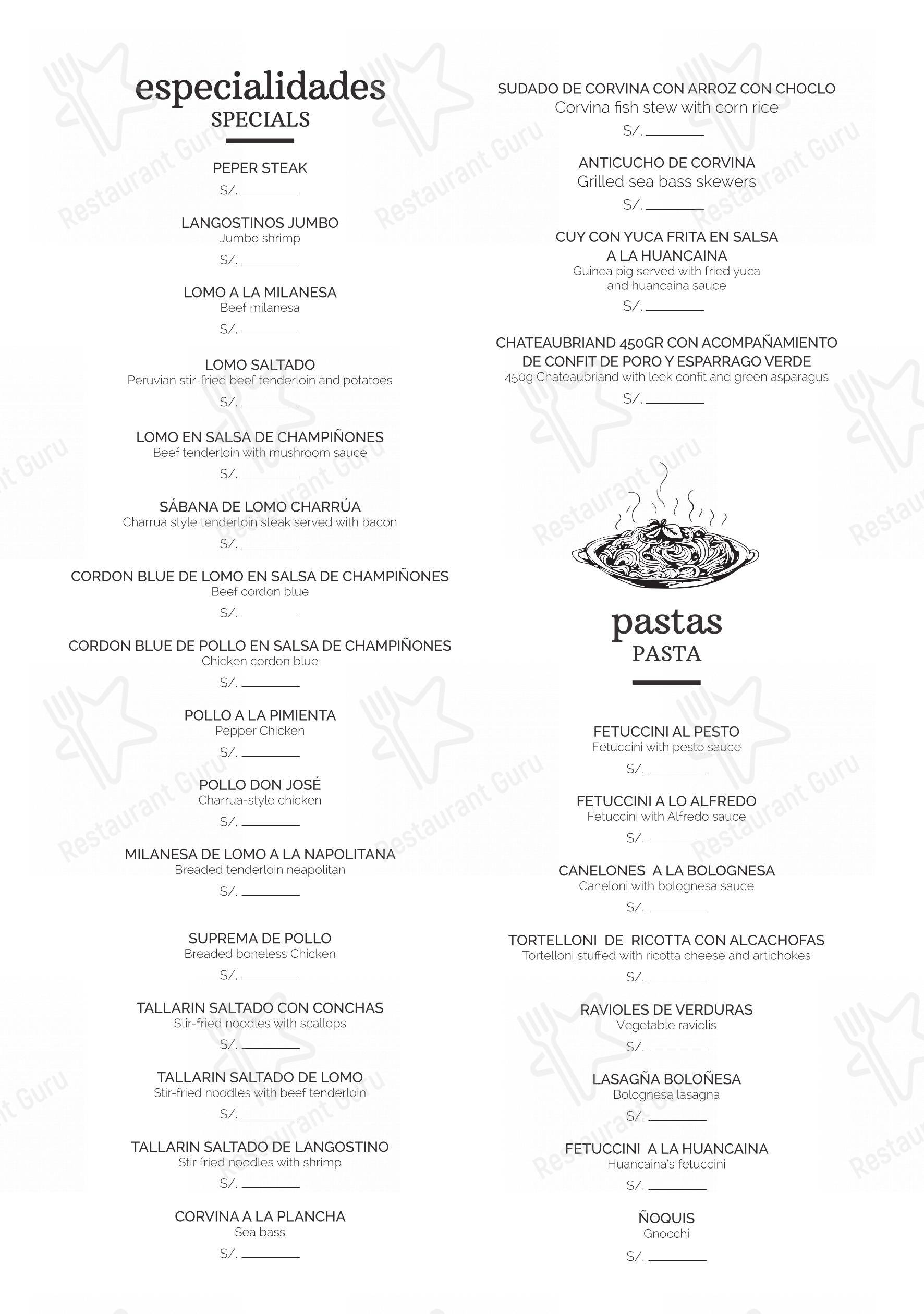 Carta del restaurante El Charrúa, La Molina