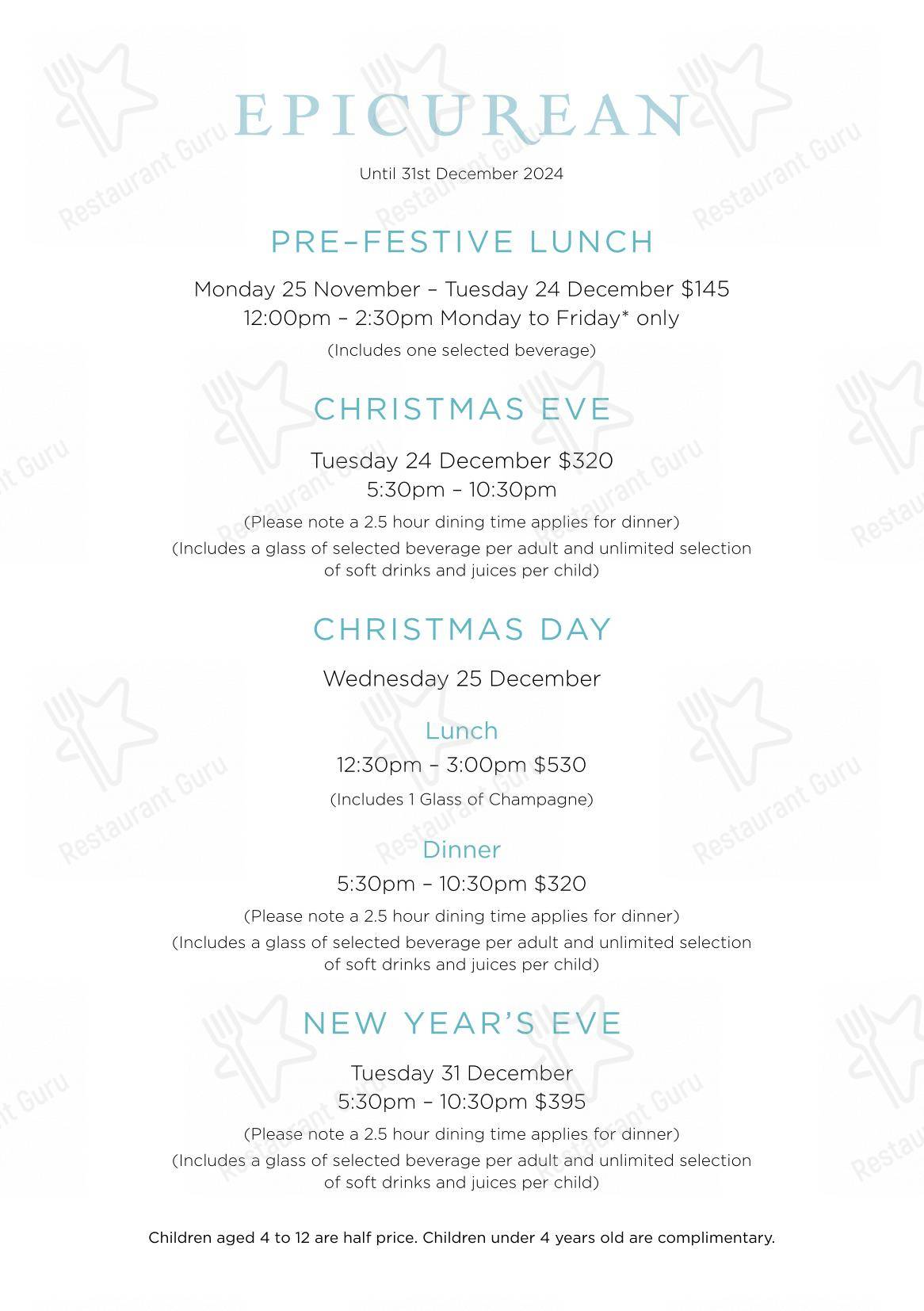 Menu at Epicurean restaurant, Barangaroo, Crown Sydney