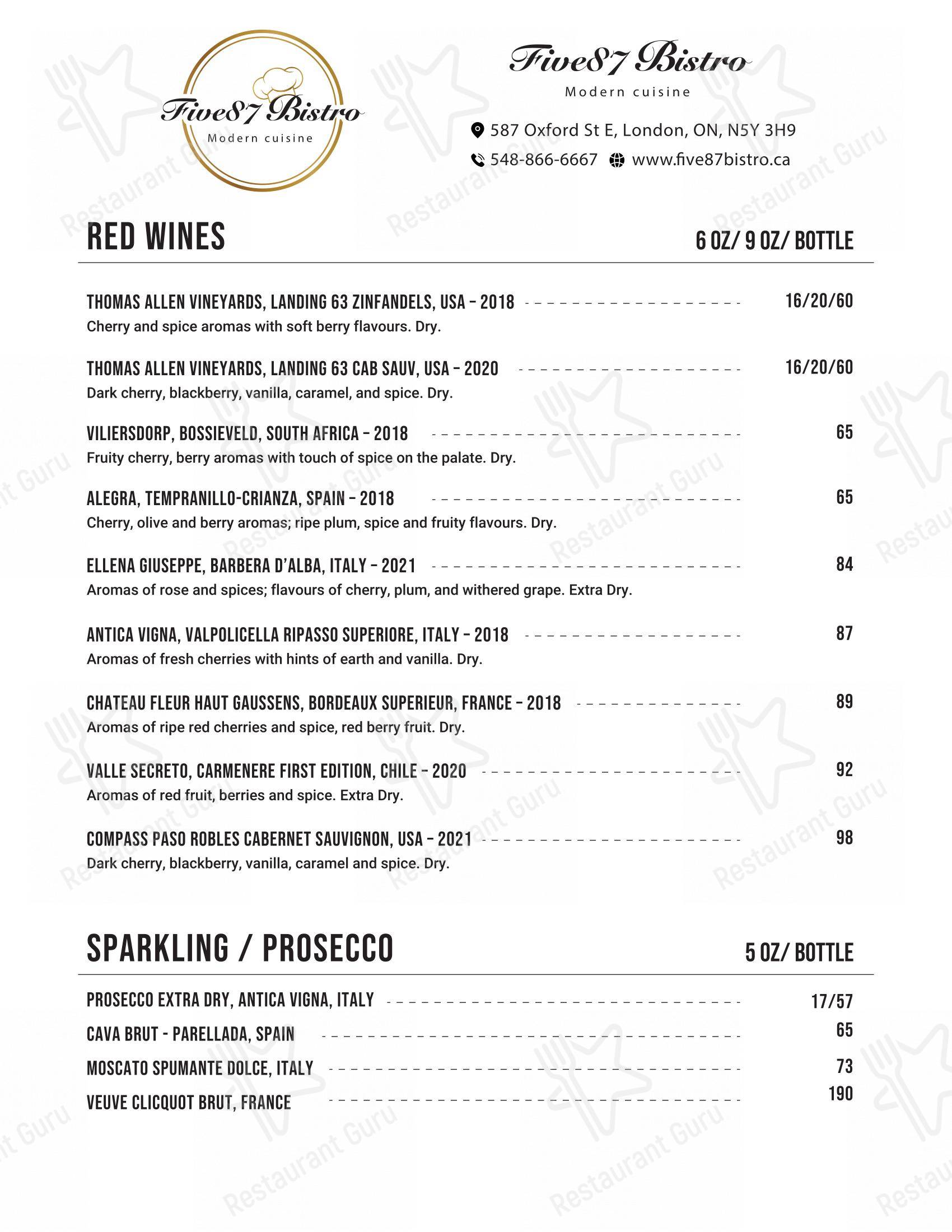 Menu at Five87 Bistro restaurant, London