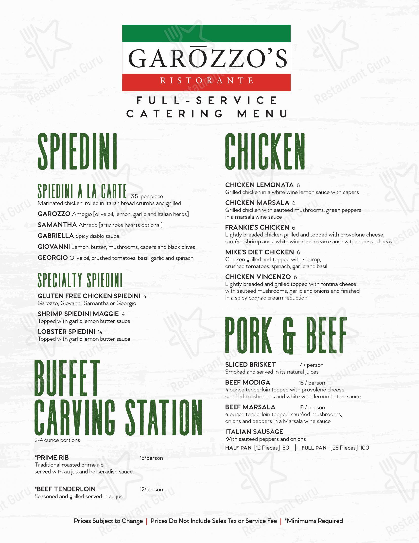 Menu at Garozzo's Downtown restaurant, Kansas City