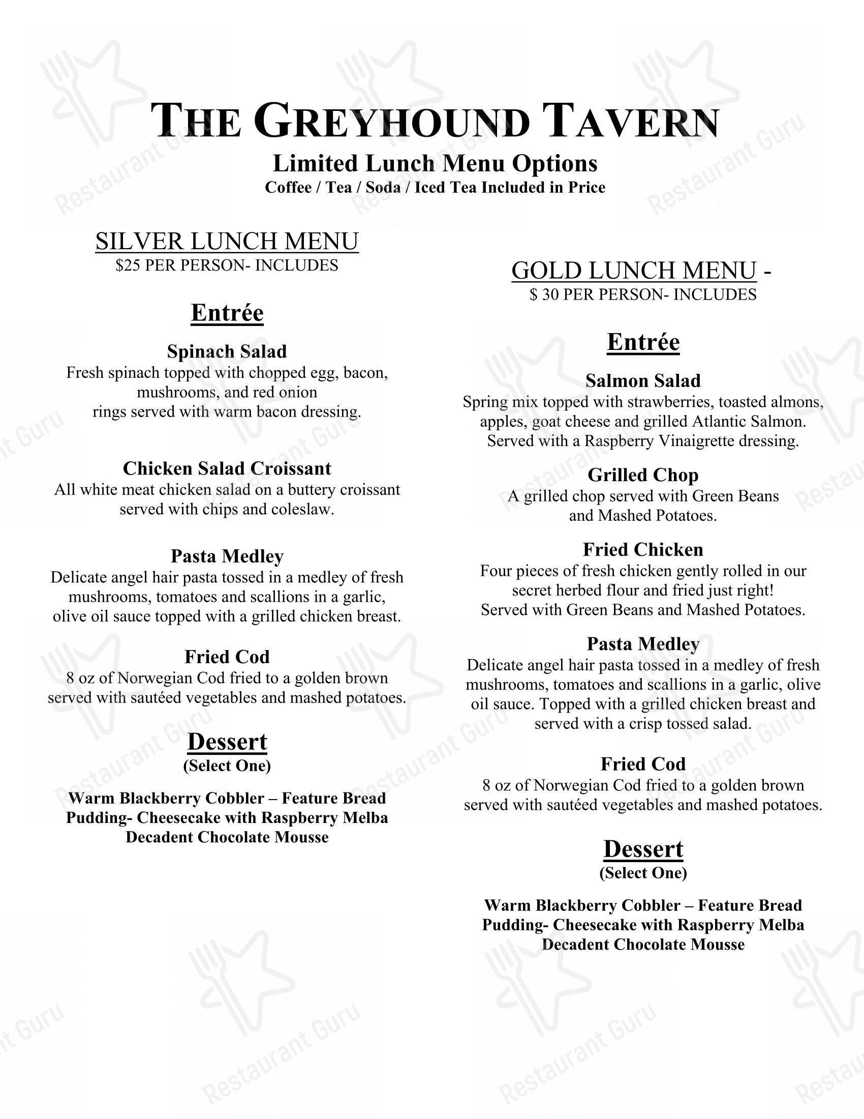 Menu at Greyhound Tavern restaurant, Fort Mitchell