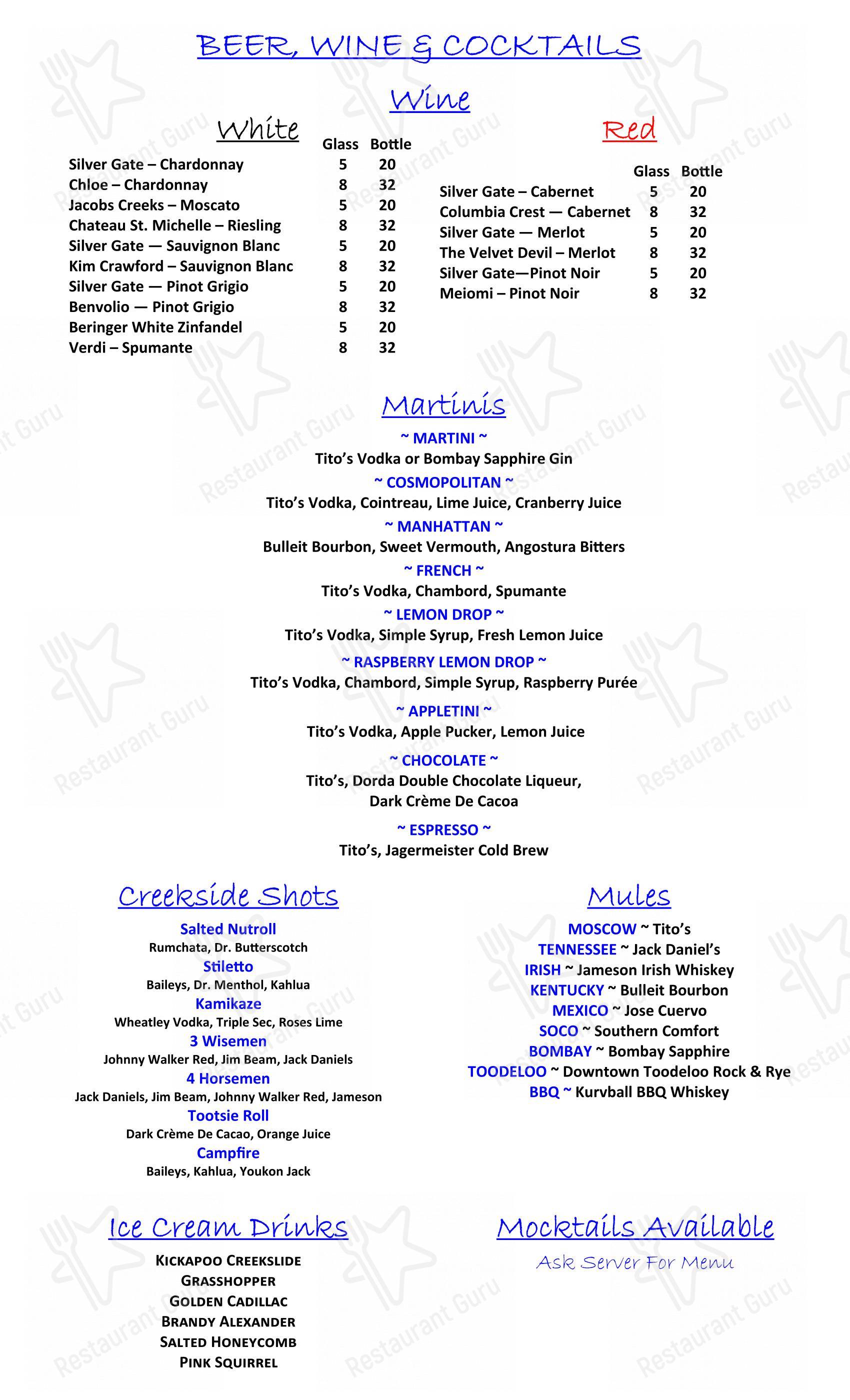 Menu at Kickapoo Creekside pub & bar, Readstown