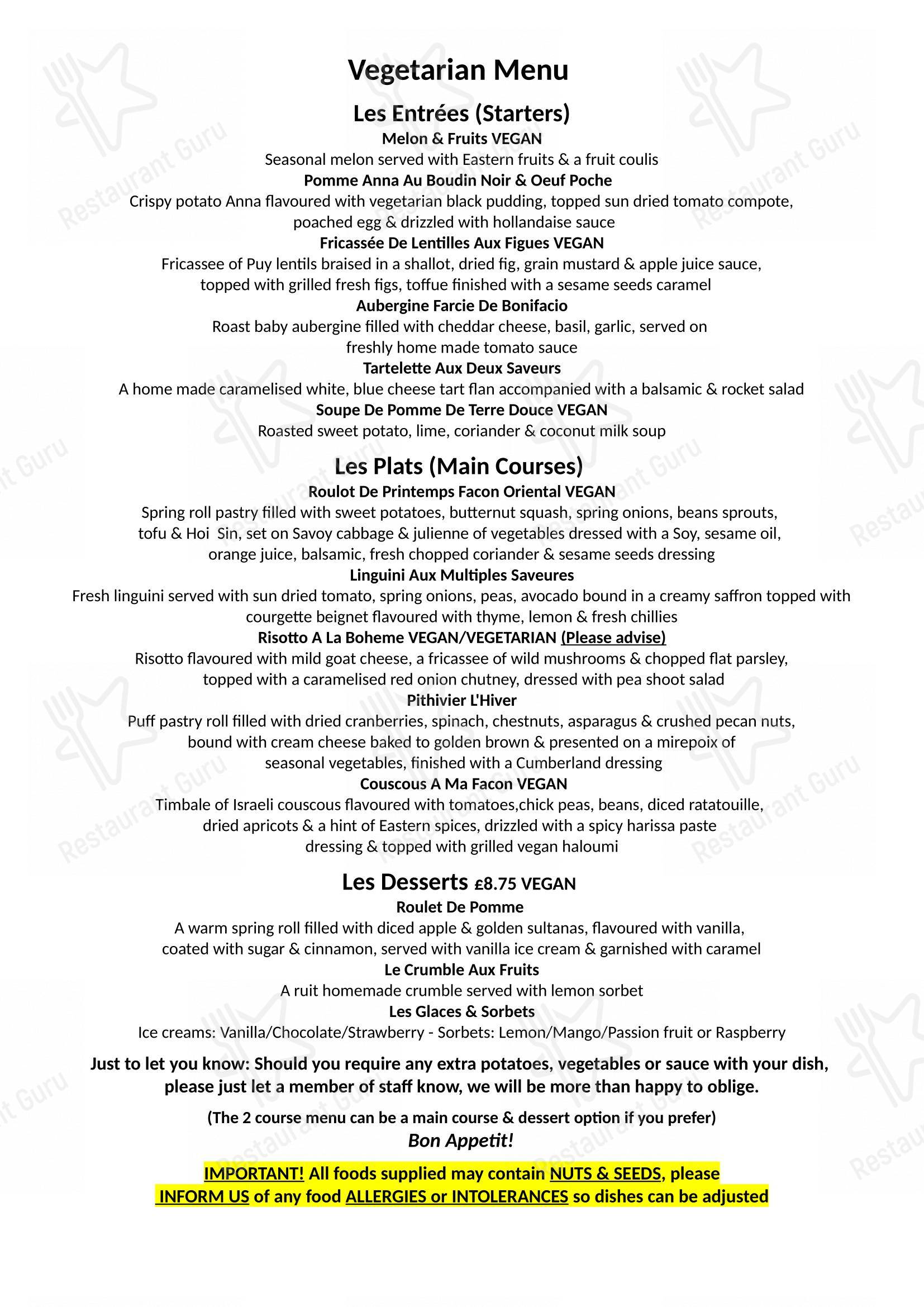 Menu at La Boheme restaurant, Lymm