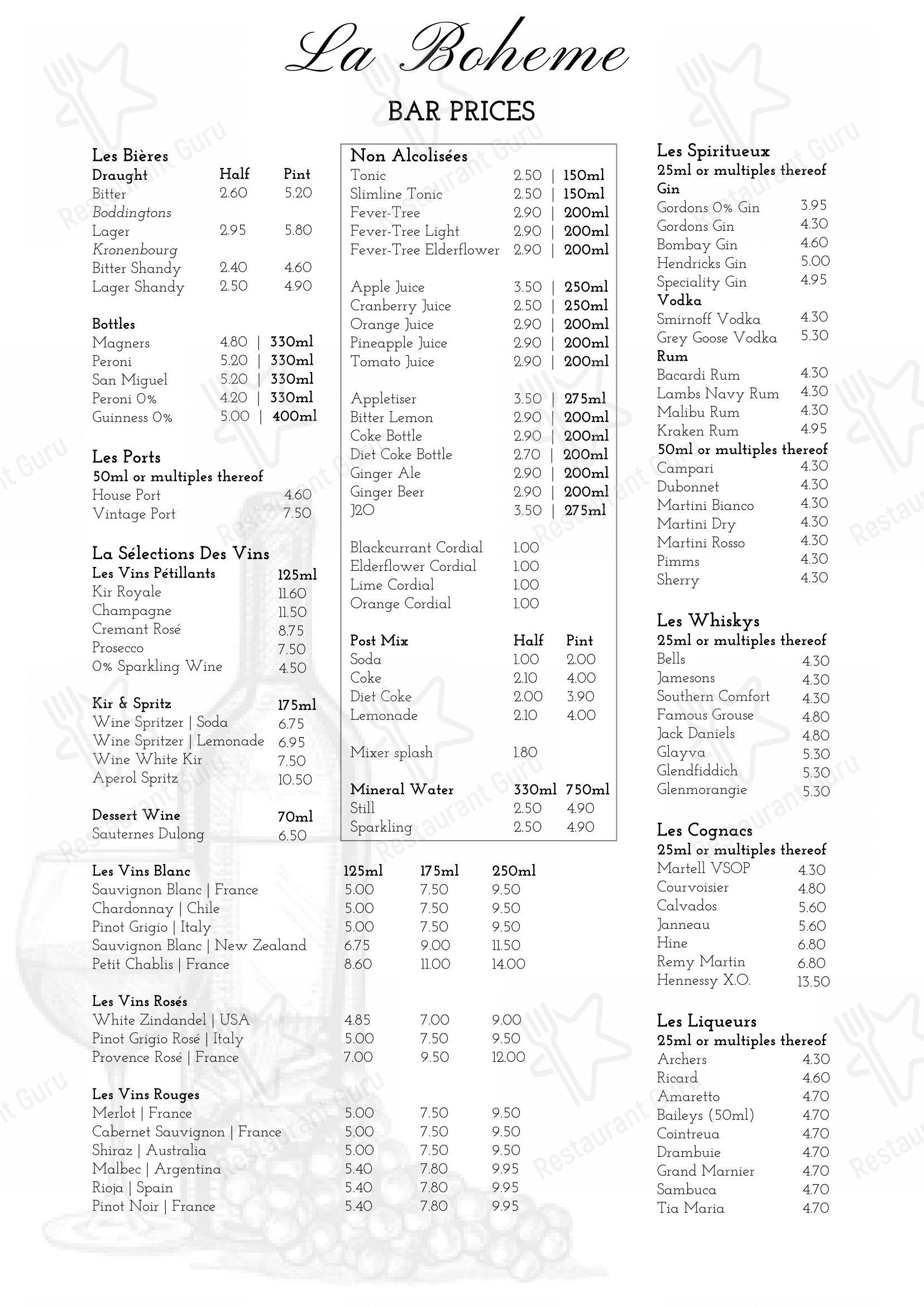 Menu at La Boheme restaurant, Lymm