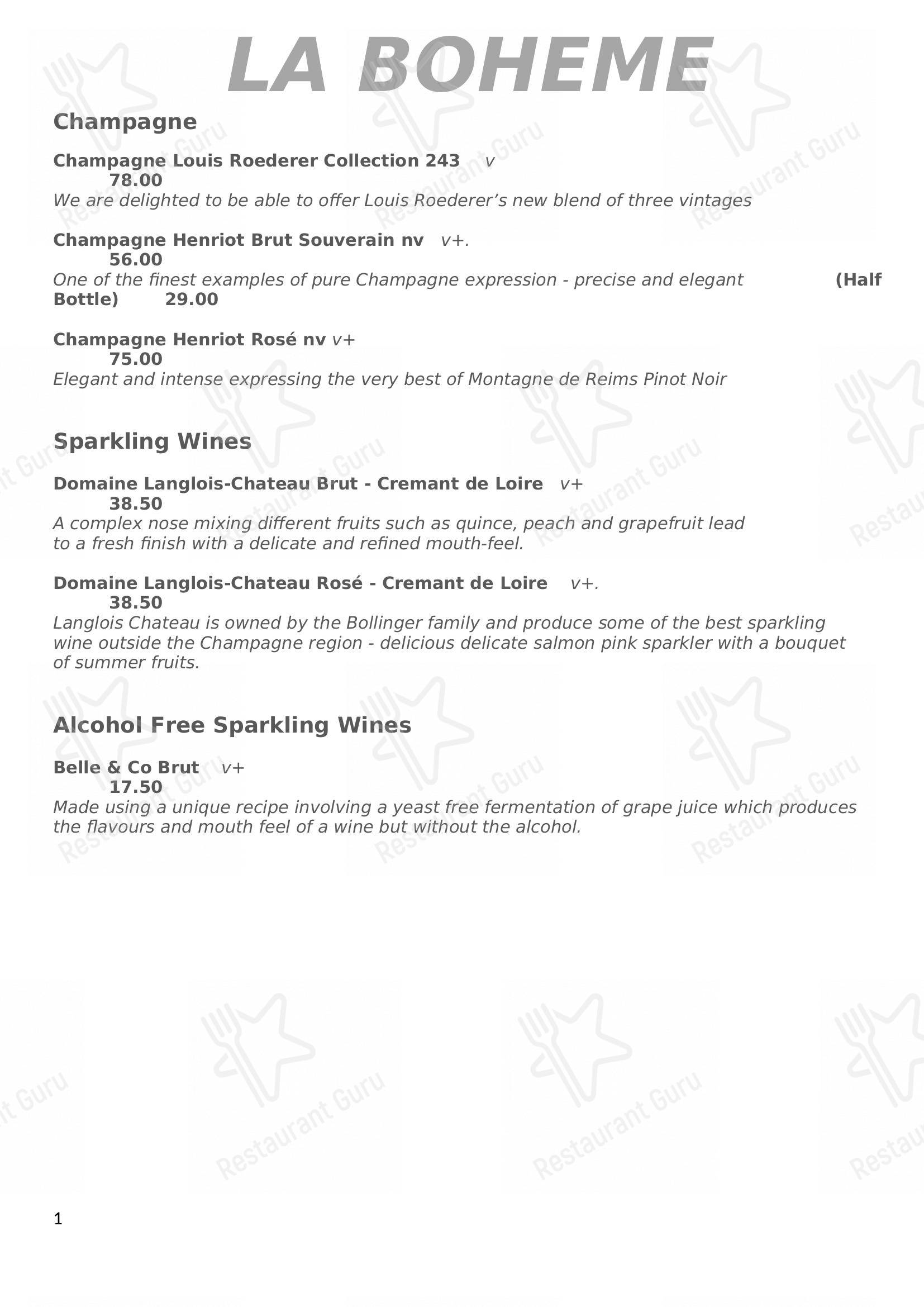 Menu at La Boheme restaurant, Lymm